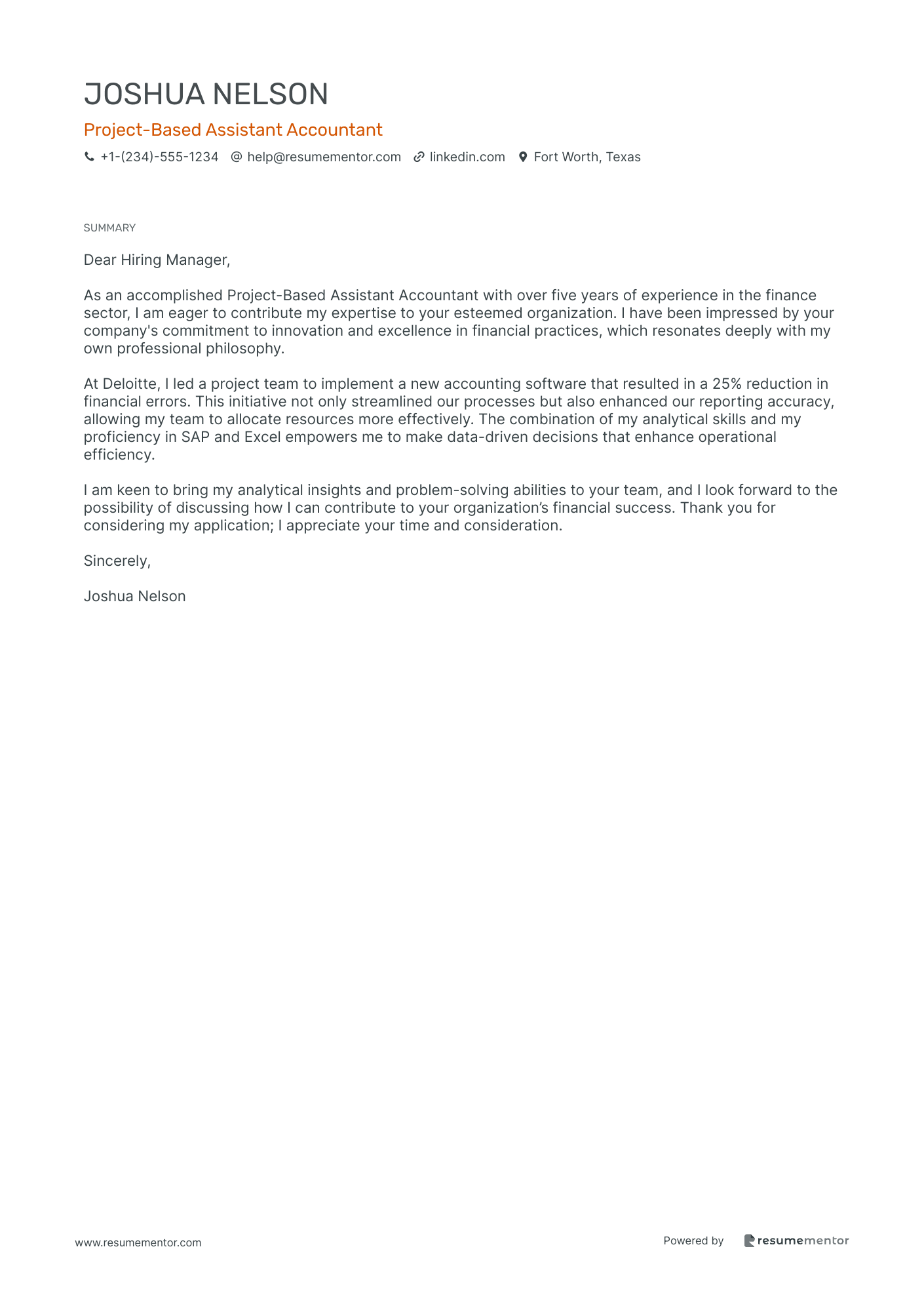 Assistant Accountant Cover Letter Examples by ResumeMentor.com ...