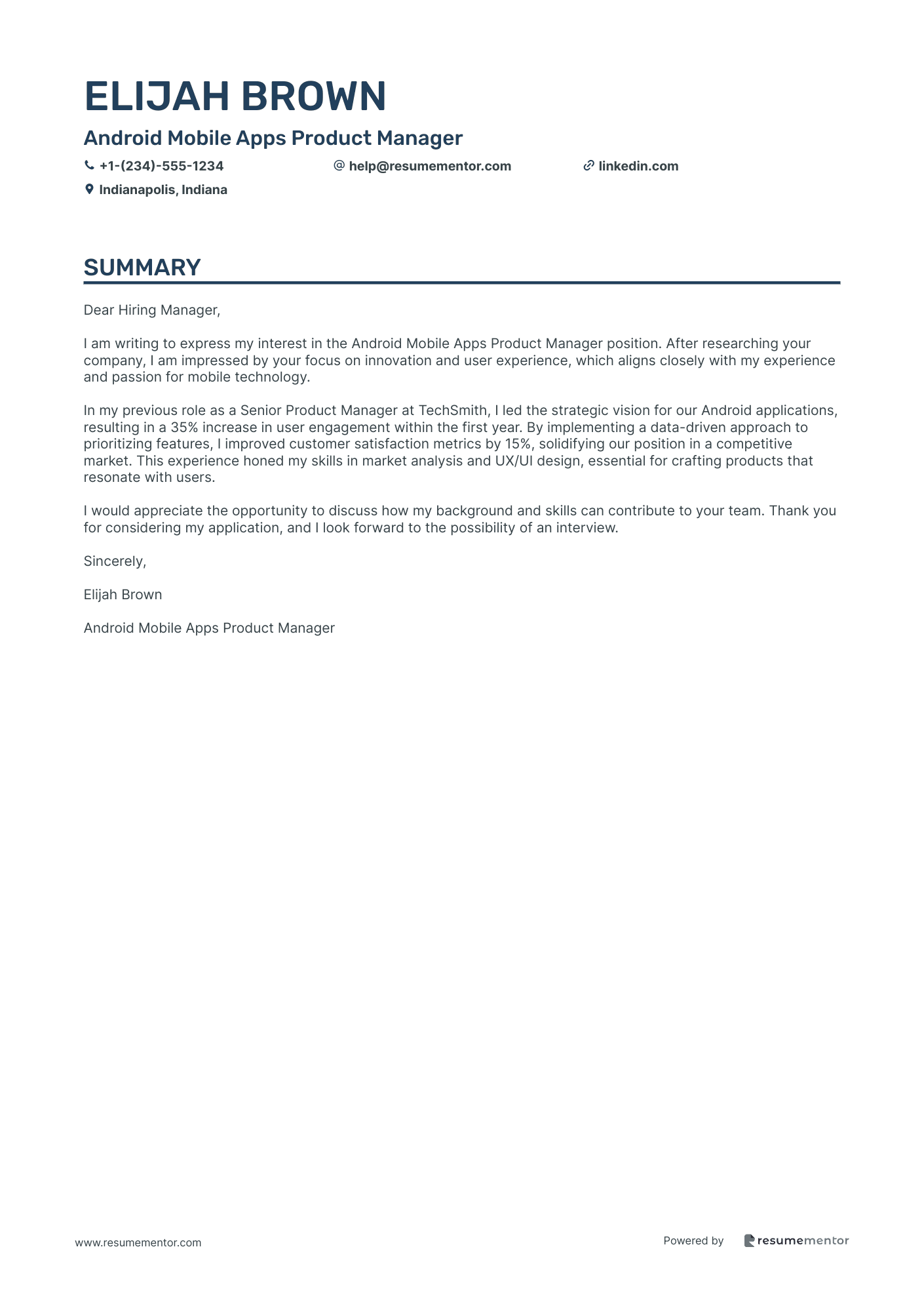 Mobile App Product Manager Cover Letter Examples by ResumeMentor.com ...
