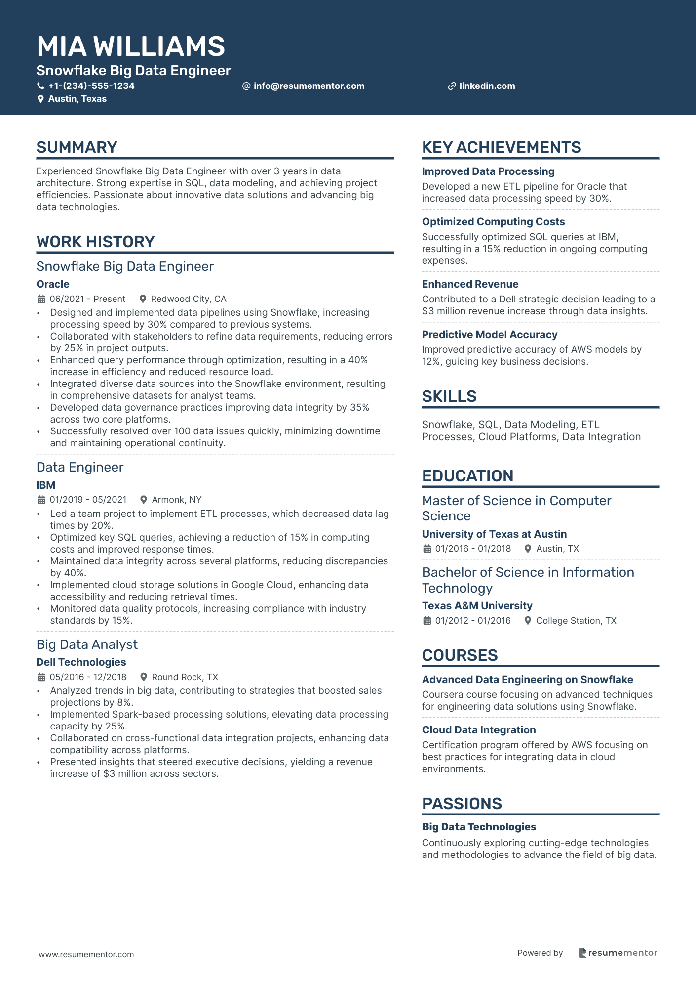 Snowflake Developer Resume Example - Free to Edit ATS-Friendly PDF - 2025
