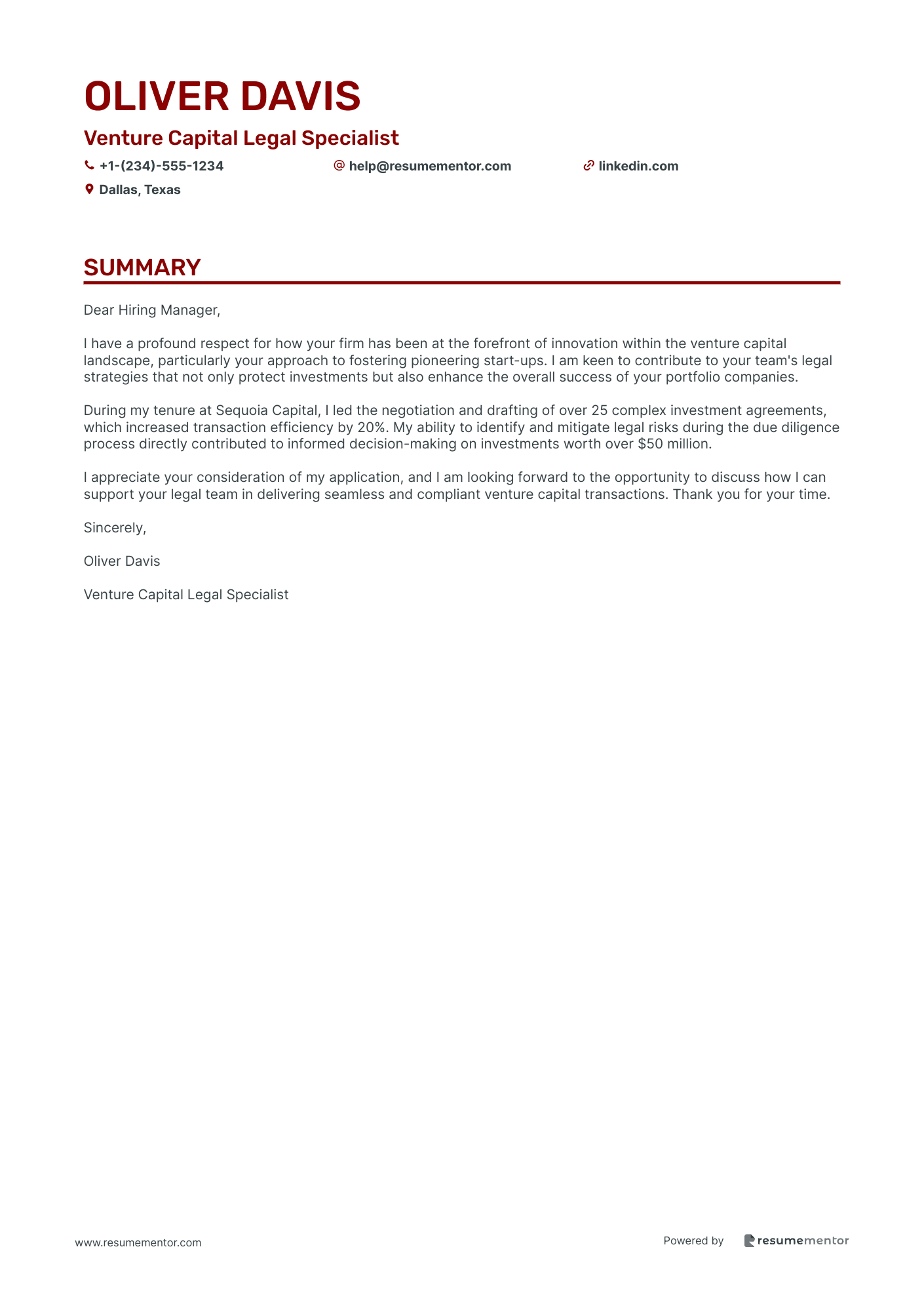 Early Stage Investment Lawyer Cover Letter Examples by ResumeMentor.com ...