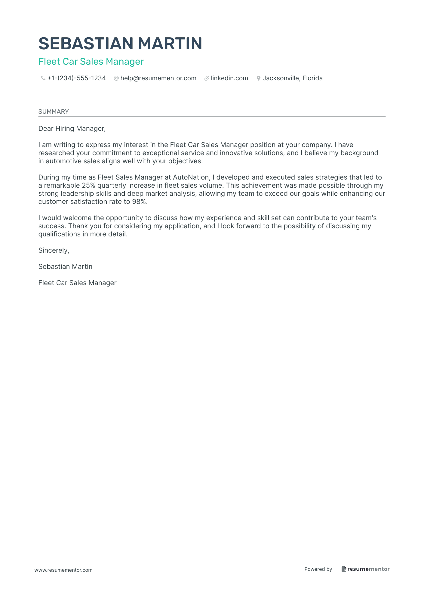 Car Sales Cover Letter Examples by ResumeMentor.com - Professional ...