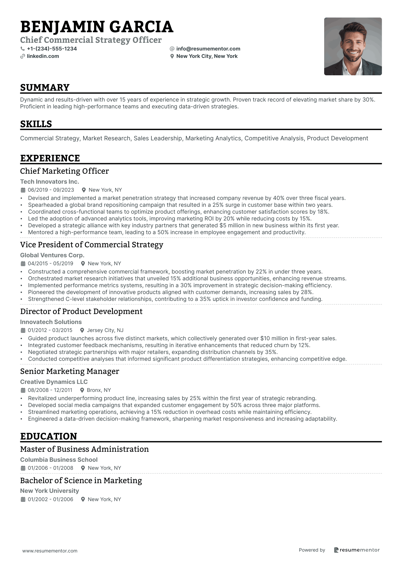 Chief Commercial Officer (CCO) Resume Example - Free to Edit ATS ...