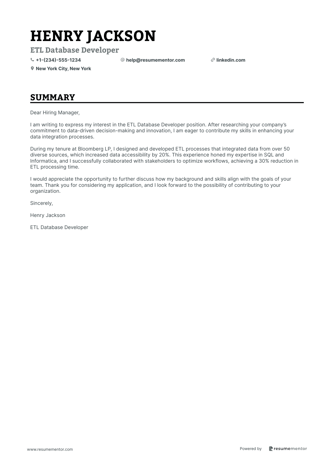 ETL Developer Cover Letter Examples by ResumeMentor.com - Professional ...