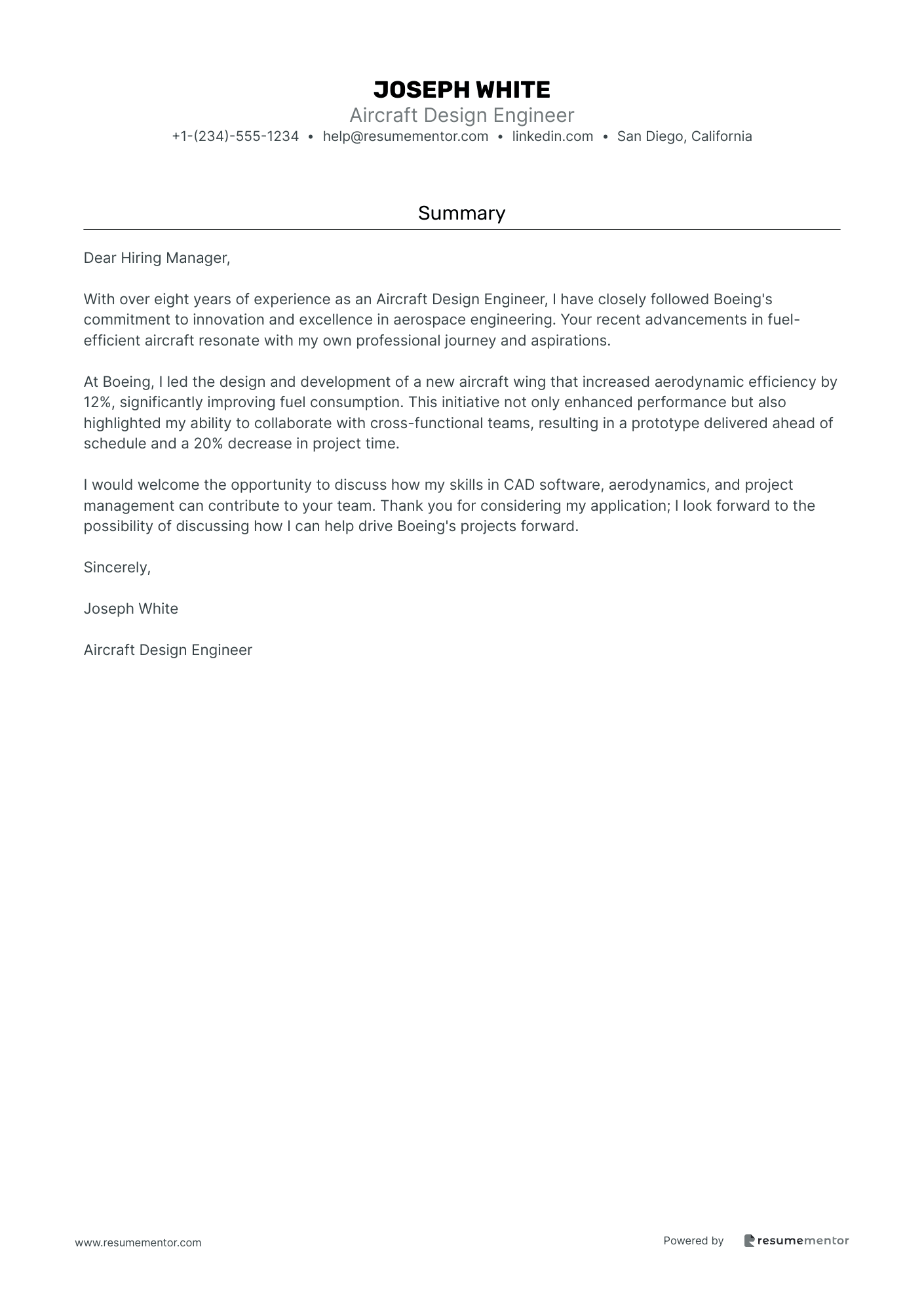 Aerospace Engineer Cover Letter Examples by ResumeMentor.com ...