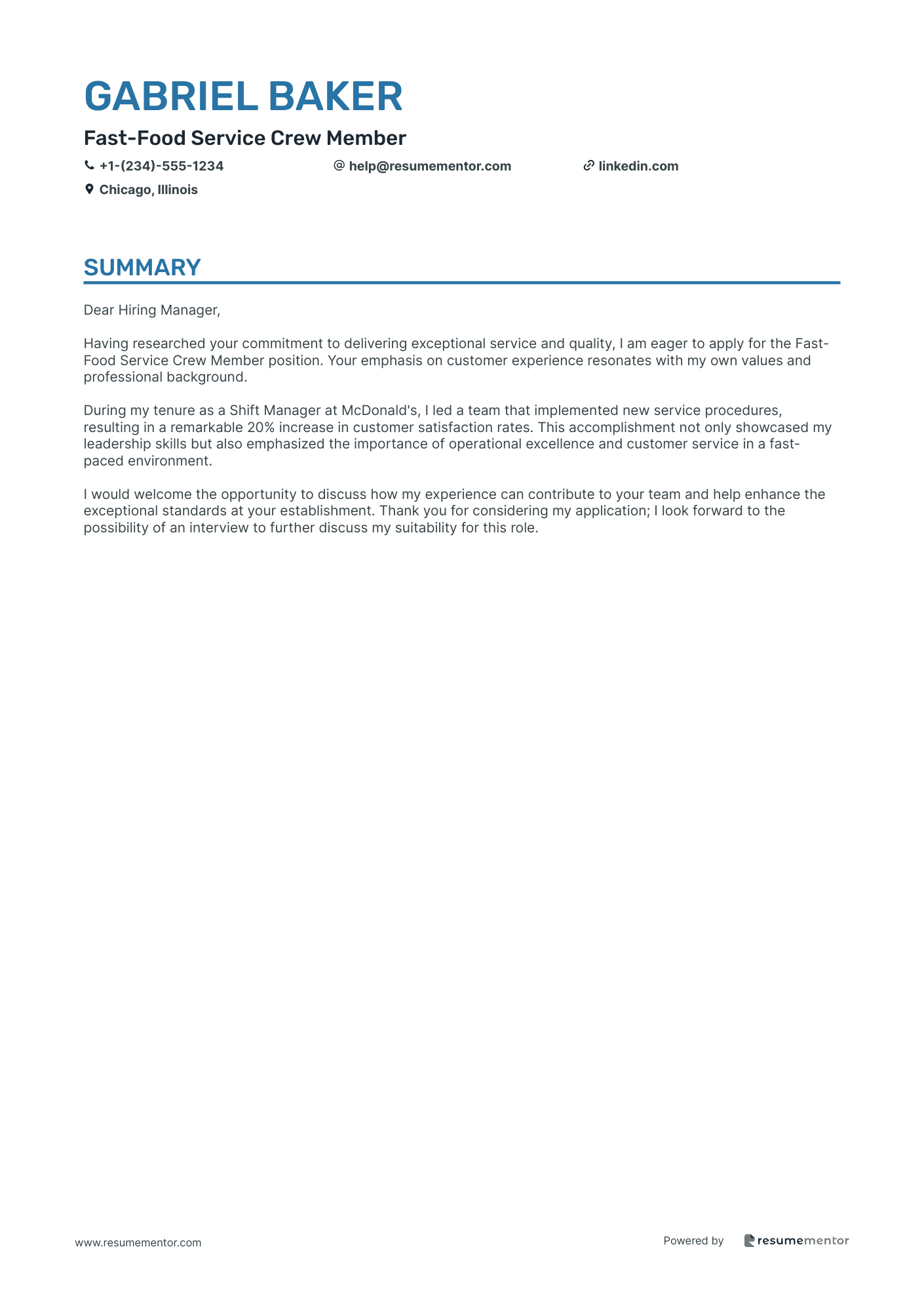 Food Service Worker Cover Letter Examples by ResumeMentor.com ...