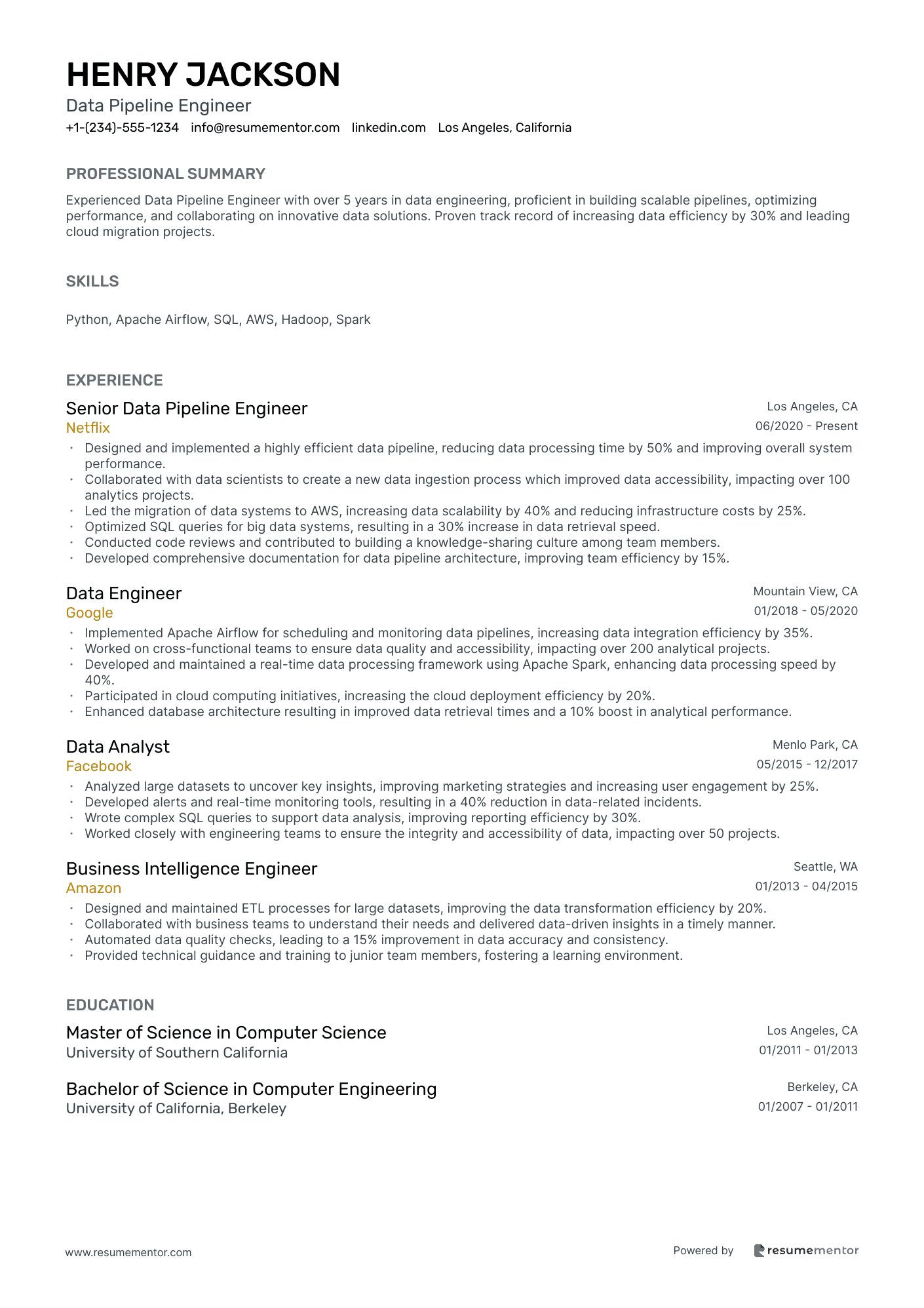 Data Engineer Resume Example - Free to Edit ATS-Friendly PDF - 2025