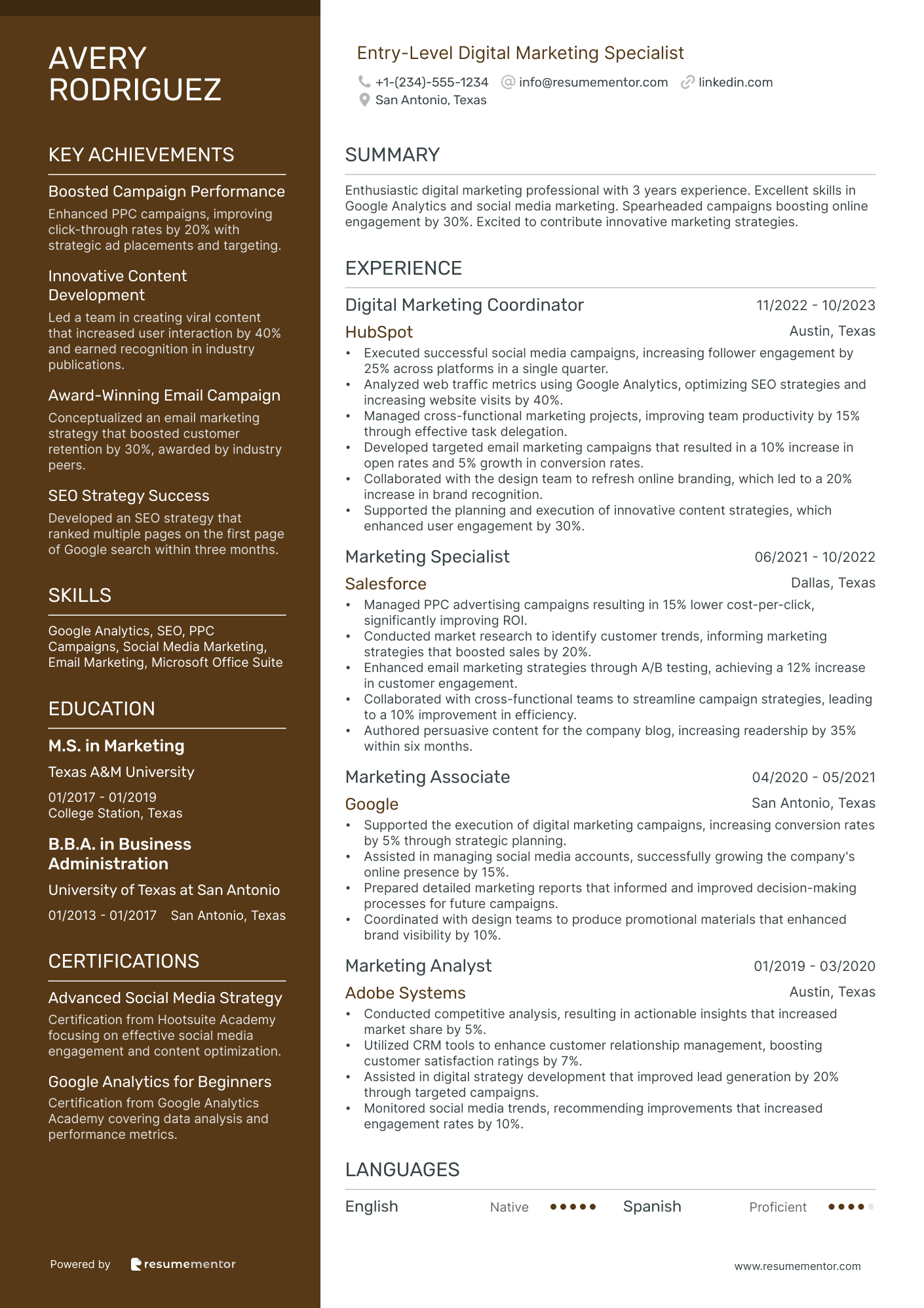 Entry-Level Marketing Resume Example - Free to Edit ATS-Friendly PDF - 2025