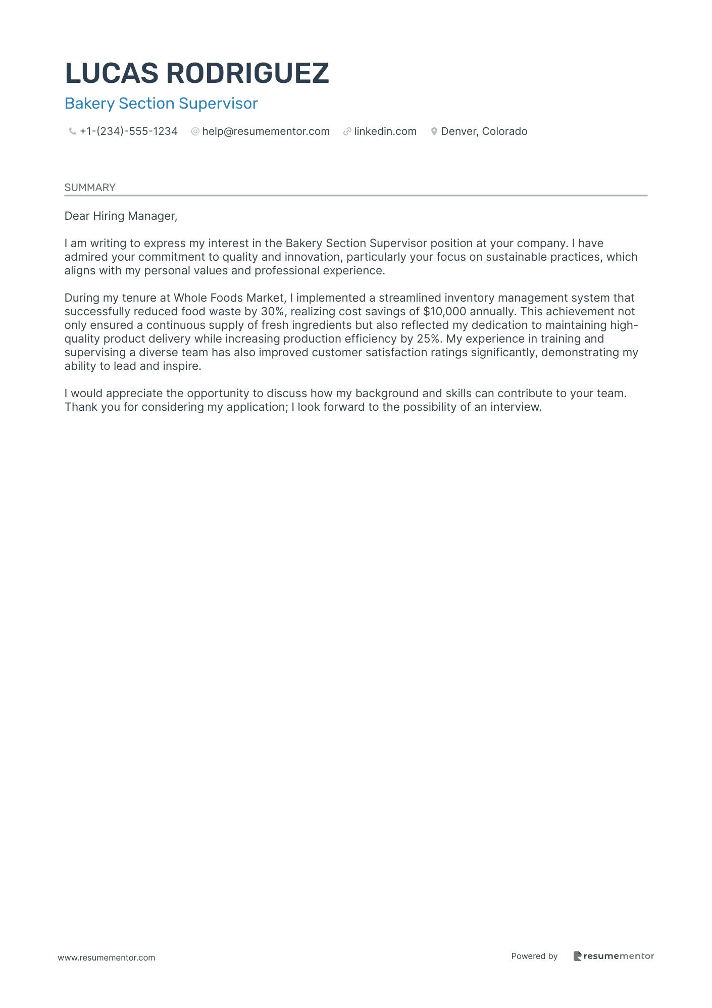 Pastry Chef Cover Letter Examples by ResumeMentor.com - Professional ...