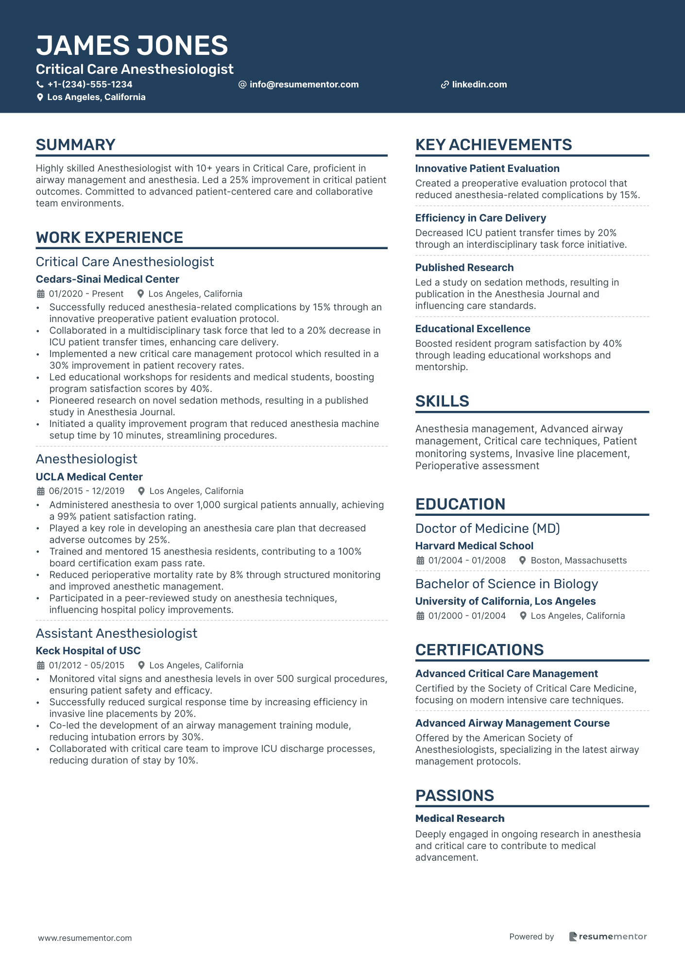 Anesthesiologist Resume Example - Free to Edit ATS-Friendly PDF - 2025