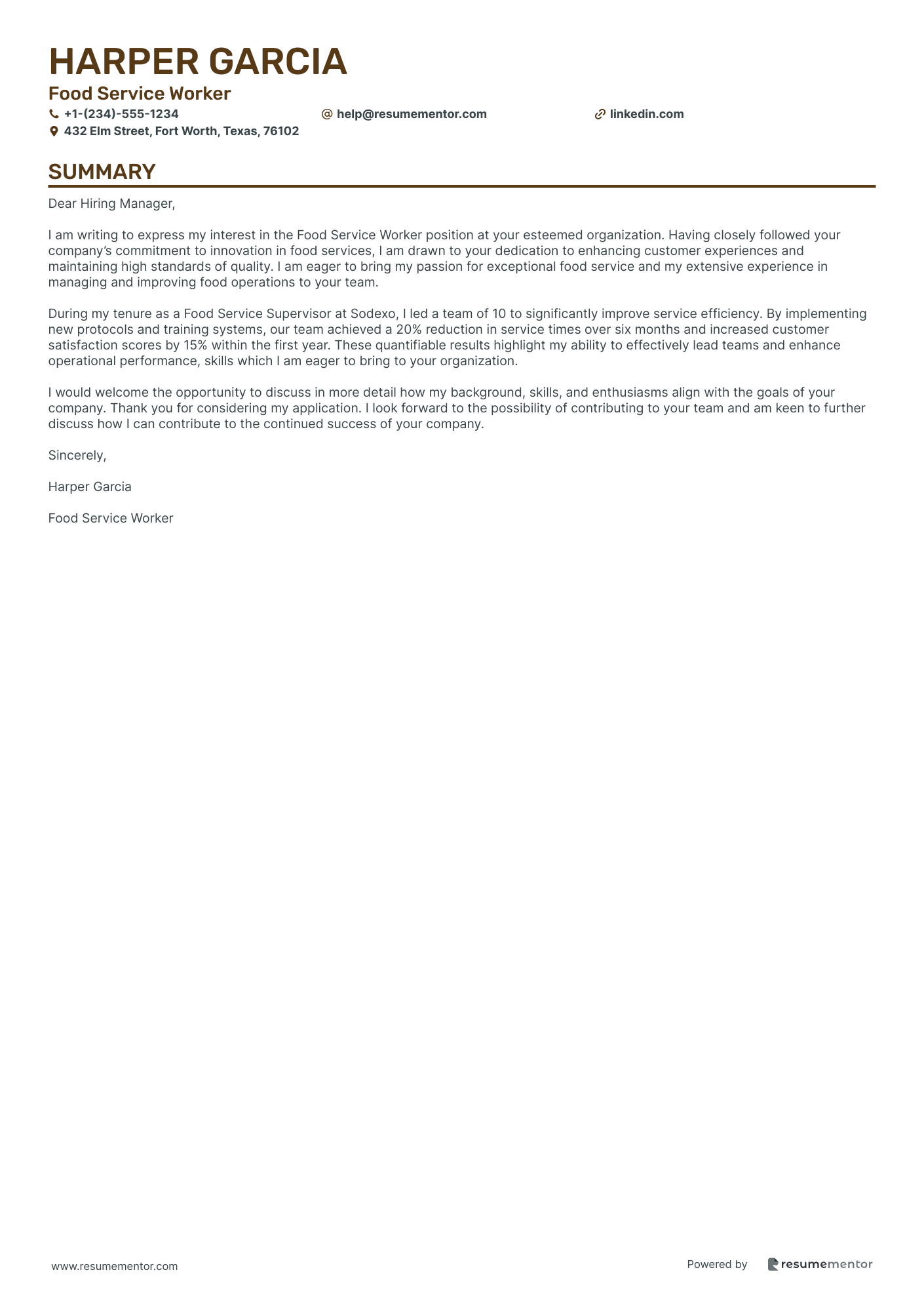 Hospitality Cover Letter Examples by ResumeMentor.com - Professional ...
