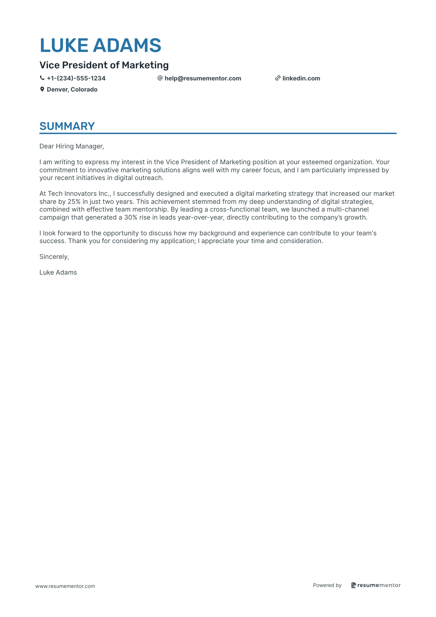 Vice President (VP) Cover Letter Examples by ResumeMentor.com ...