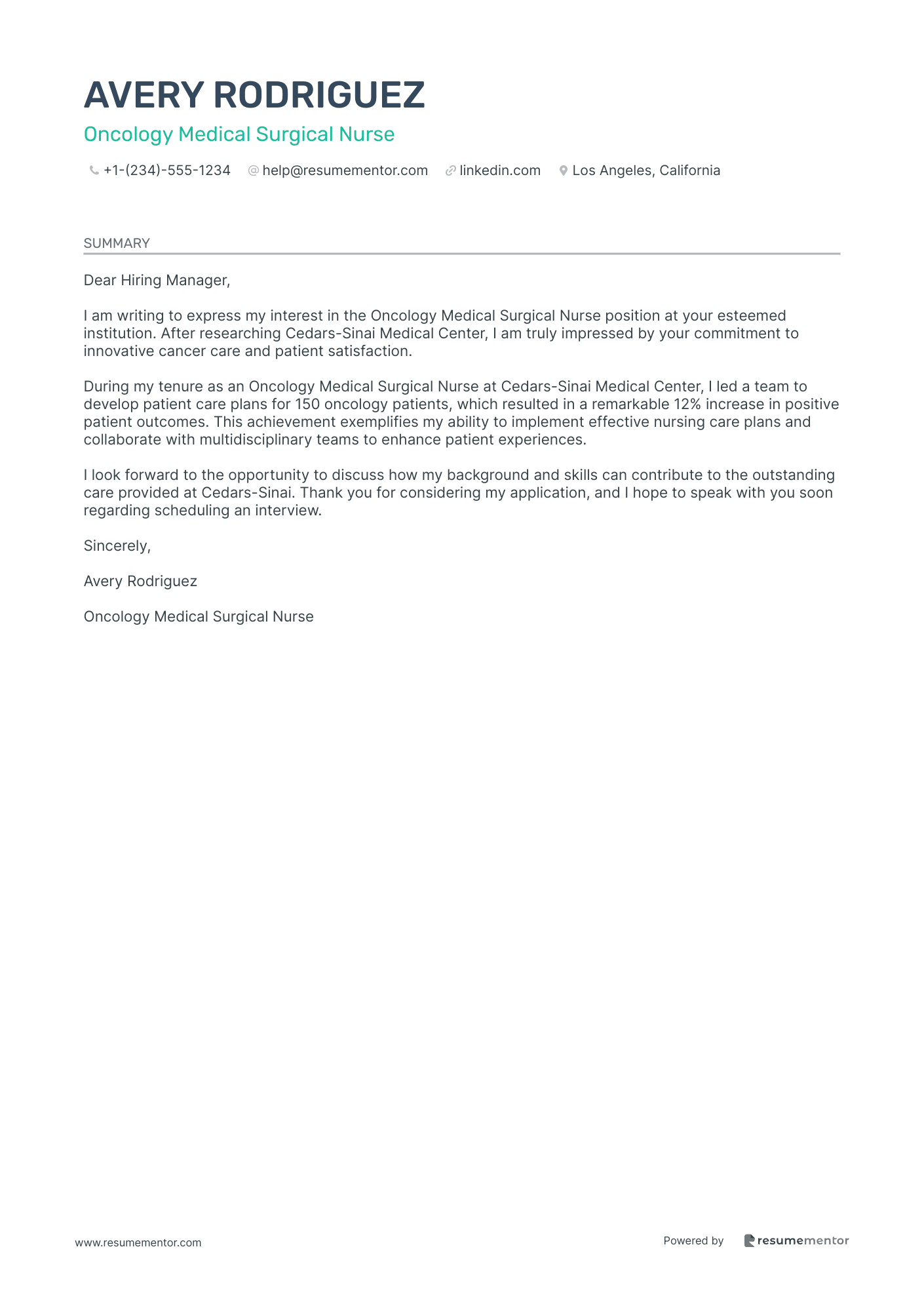 Medical Surgical Nurse Cover Letter Examples by ResumeMentor.com ...