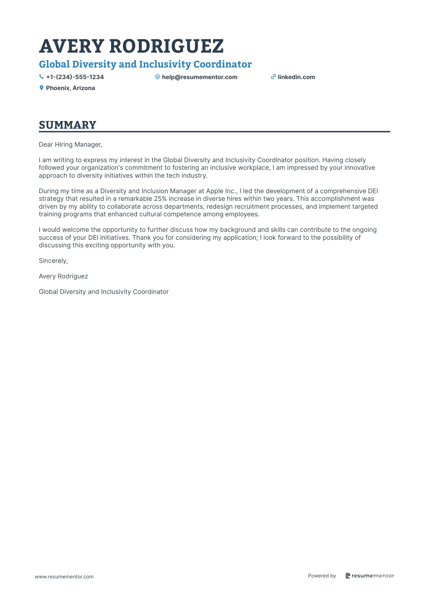 Diversity and Inclusivity Manager Cover Letter Examples by ResumeMentor ...