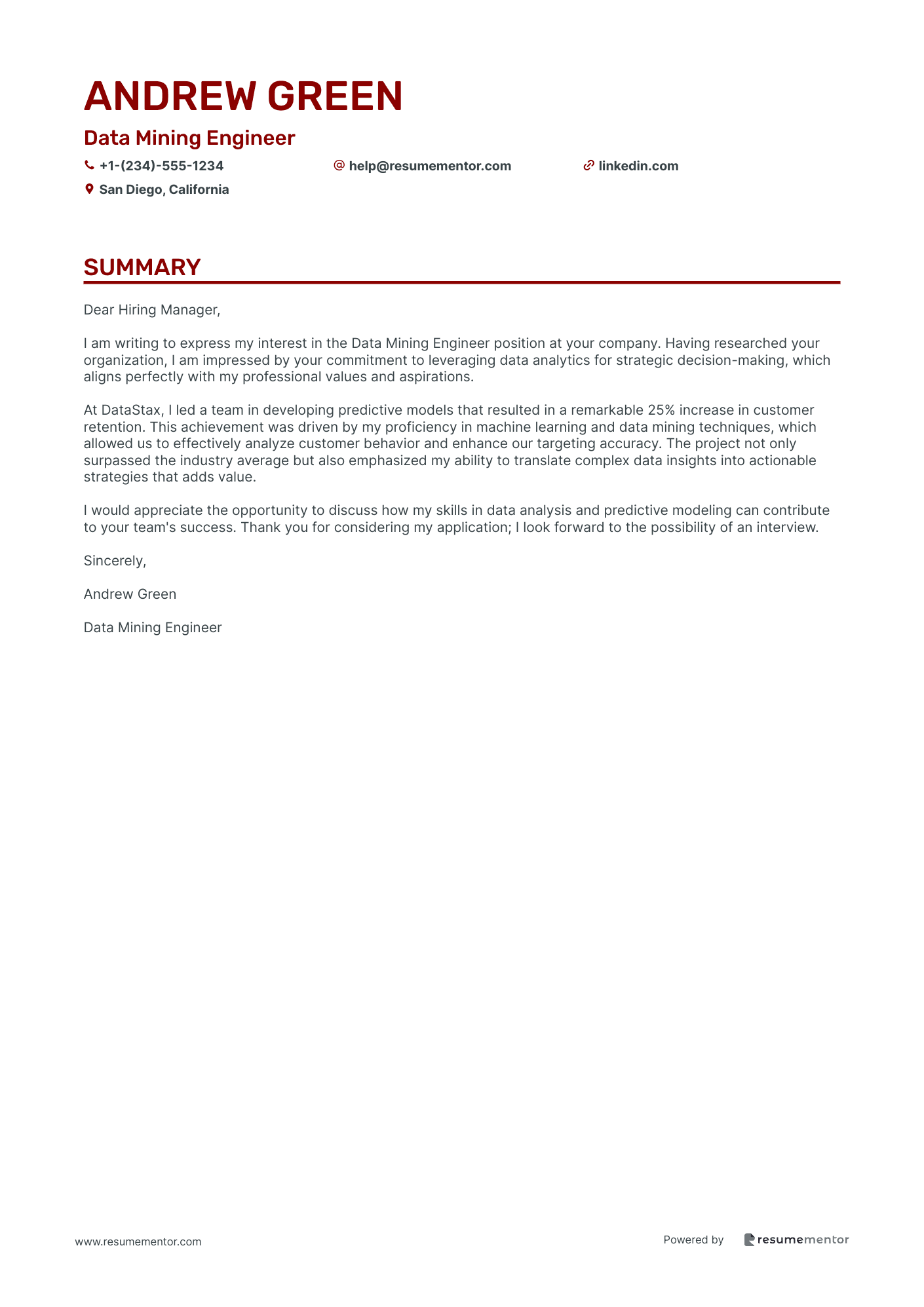 Database Engineer Cover Letter Examples by ResumeMentor.com ...