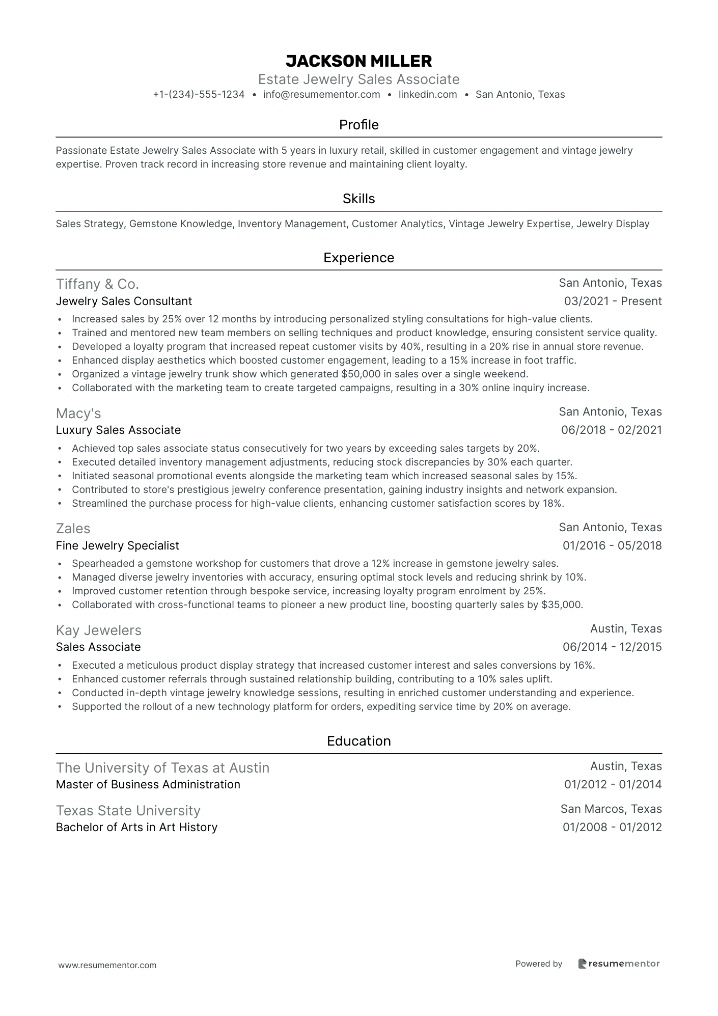 Jewelry Sales Resume Example - Free to Edit ATS-Friendly PDF - 2025
