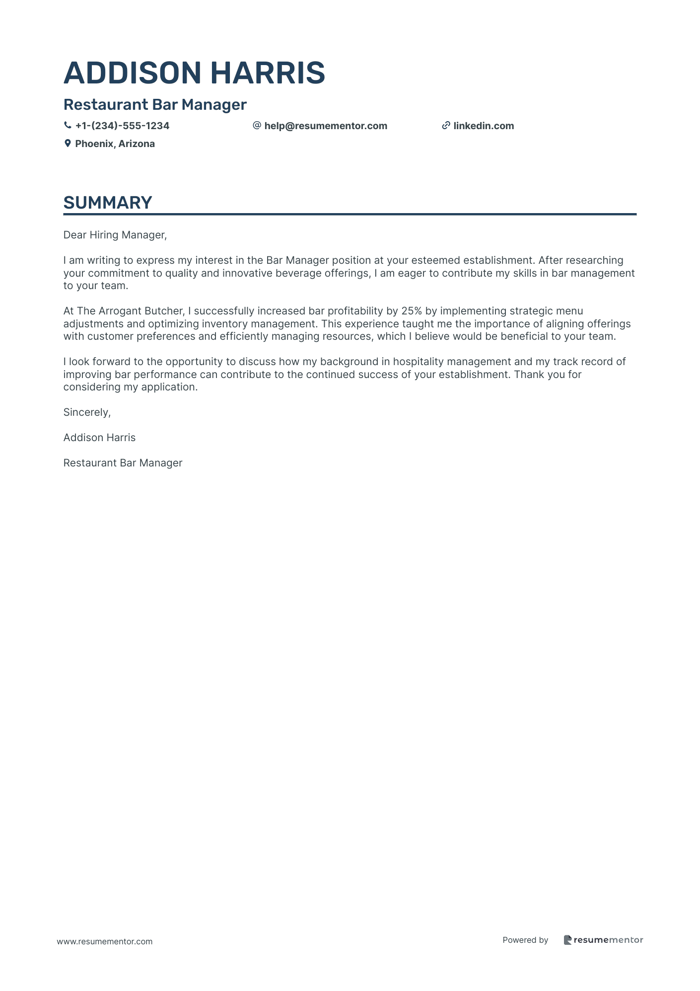Bar Manager Cover Letter Examples by ResumeMentor.com - Professional ...