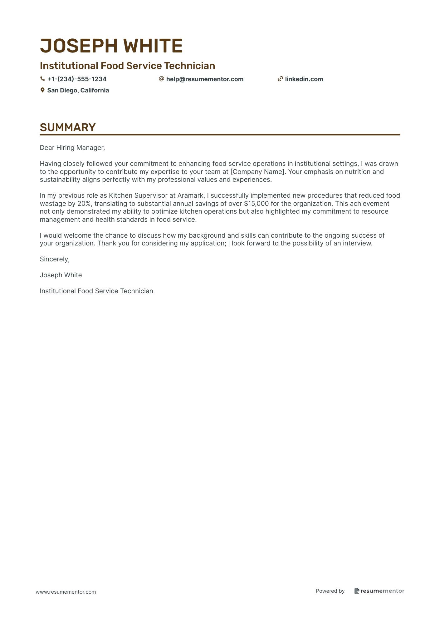 Food Service Worker Cover Letter Examples by ResumeMentor.com ...