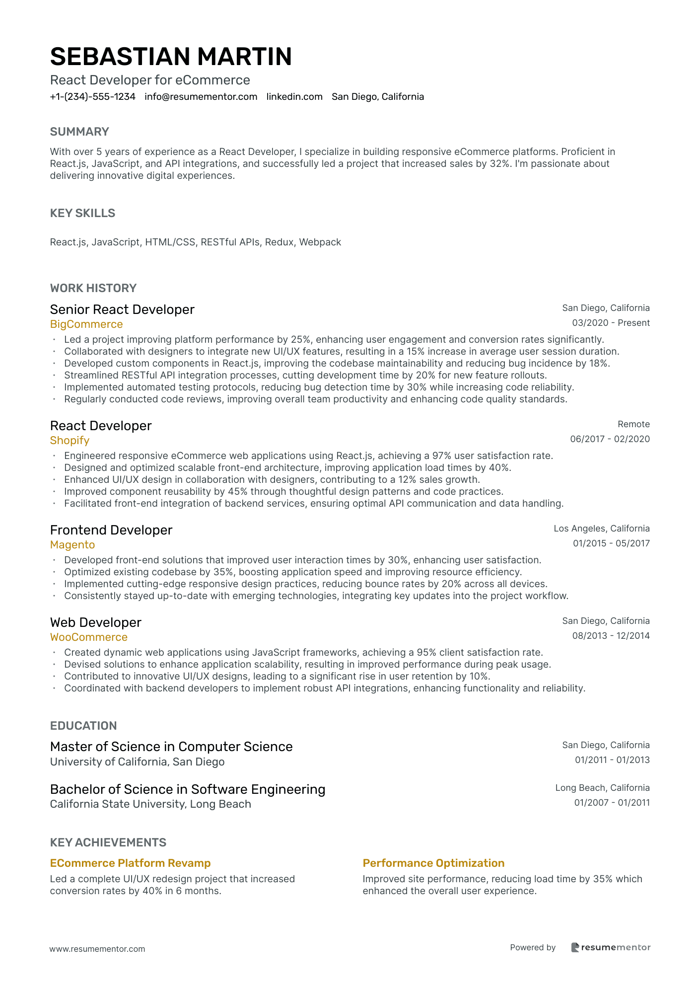 React Developer Resume Example - Free to Edit ATS-Friendly PDF - 2025