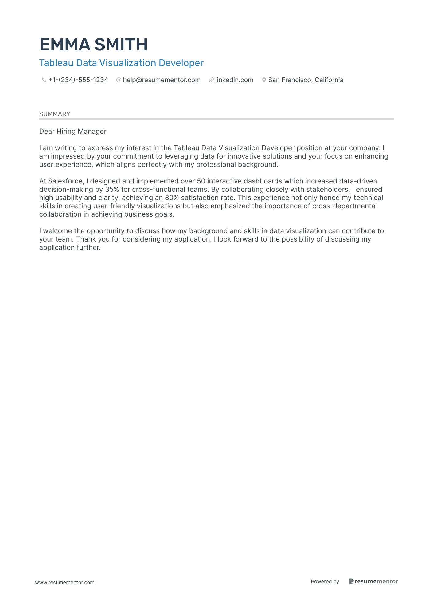 Tableau Developer Cover Letter Examples by ResumeMentor.com ...