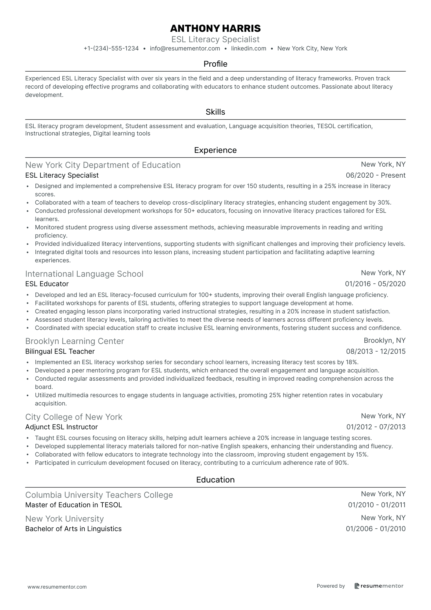 ESL Teacher Resume Examples - Free to Edit ATS-Friendly PDF - 2025