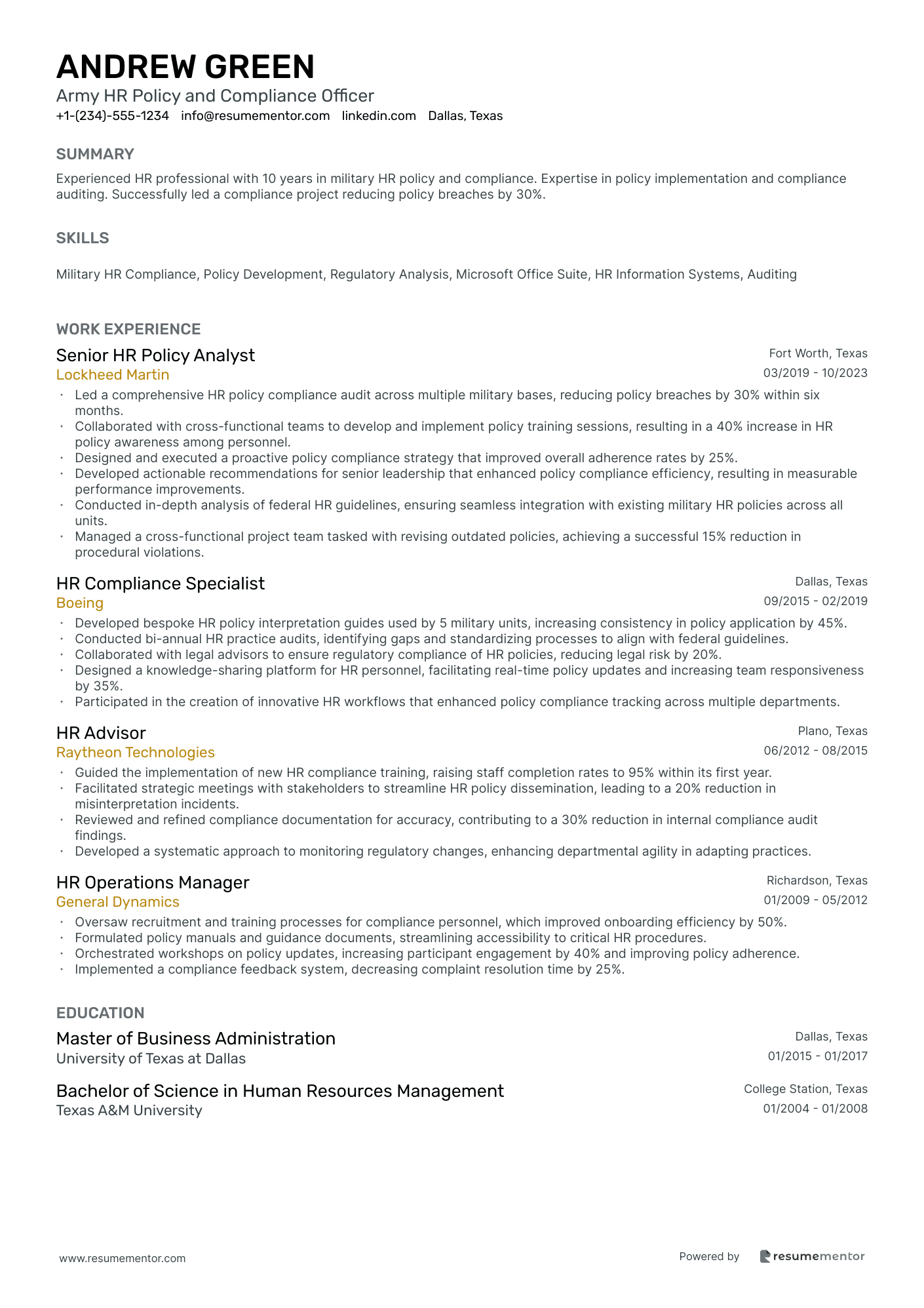 Army Human Resources Specialist Resume Example - Free to Edit ATS ...