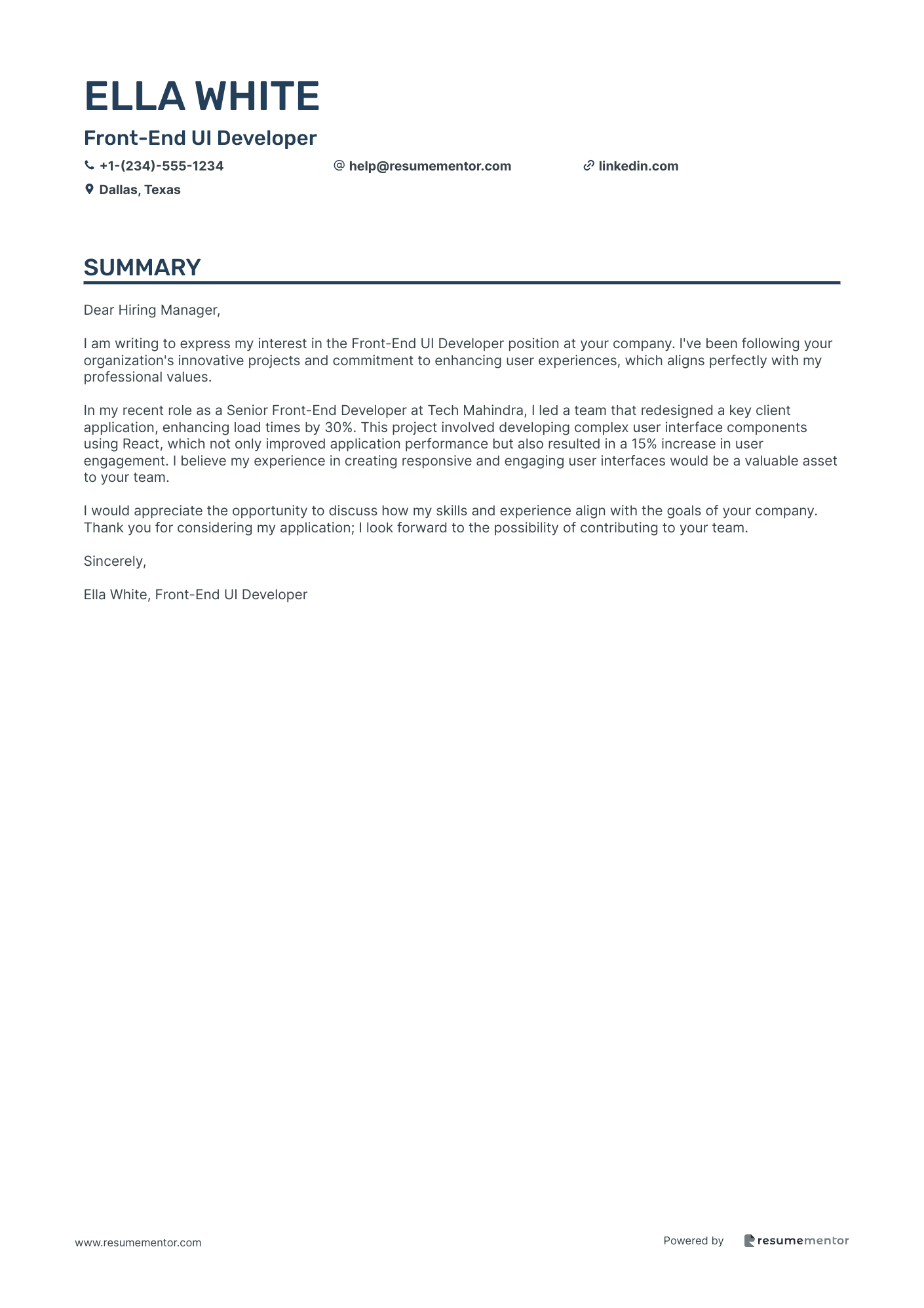 UI Developer Cover Letter Examples by ResumeMentor.com - Professional ...