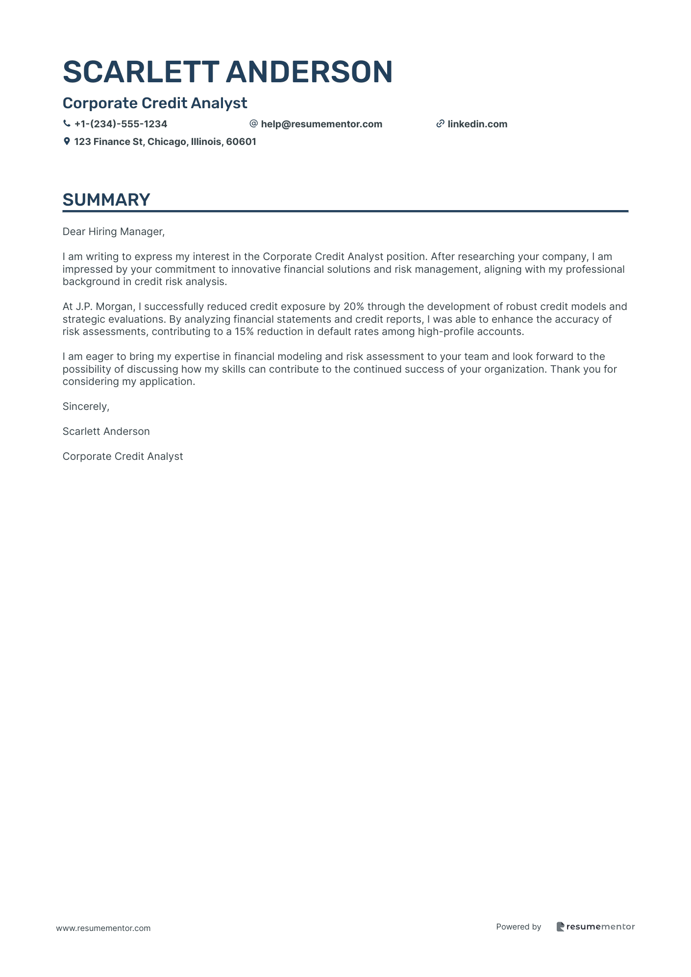 Credit Analyst Cover Letter Examples by ResumeMentor.com - Professional ...