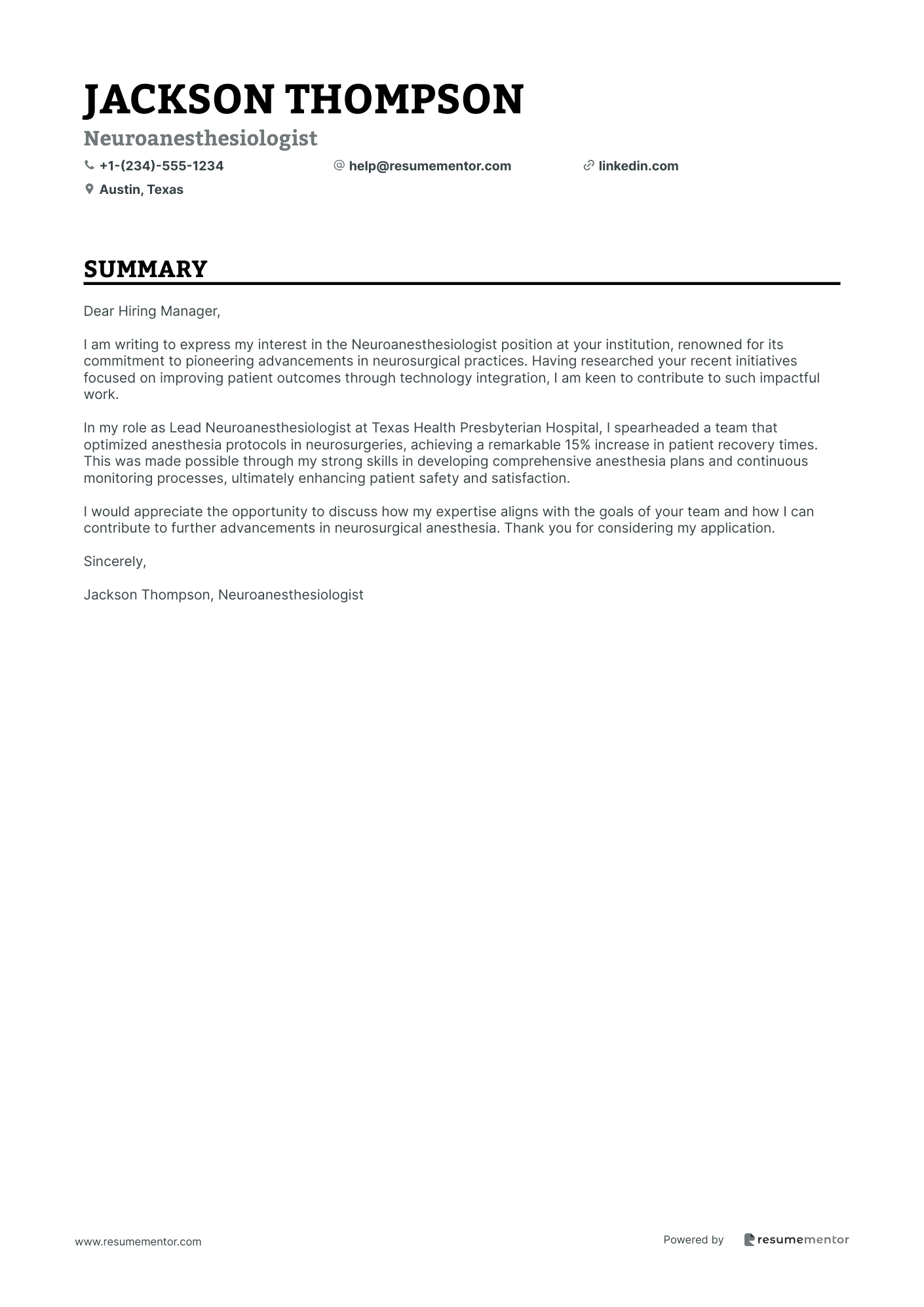 Anesthesiologist Cover Letter Examples by ResumeMentor.com ...