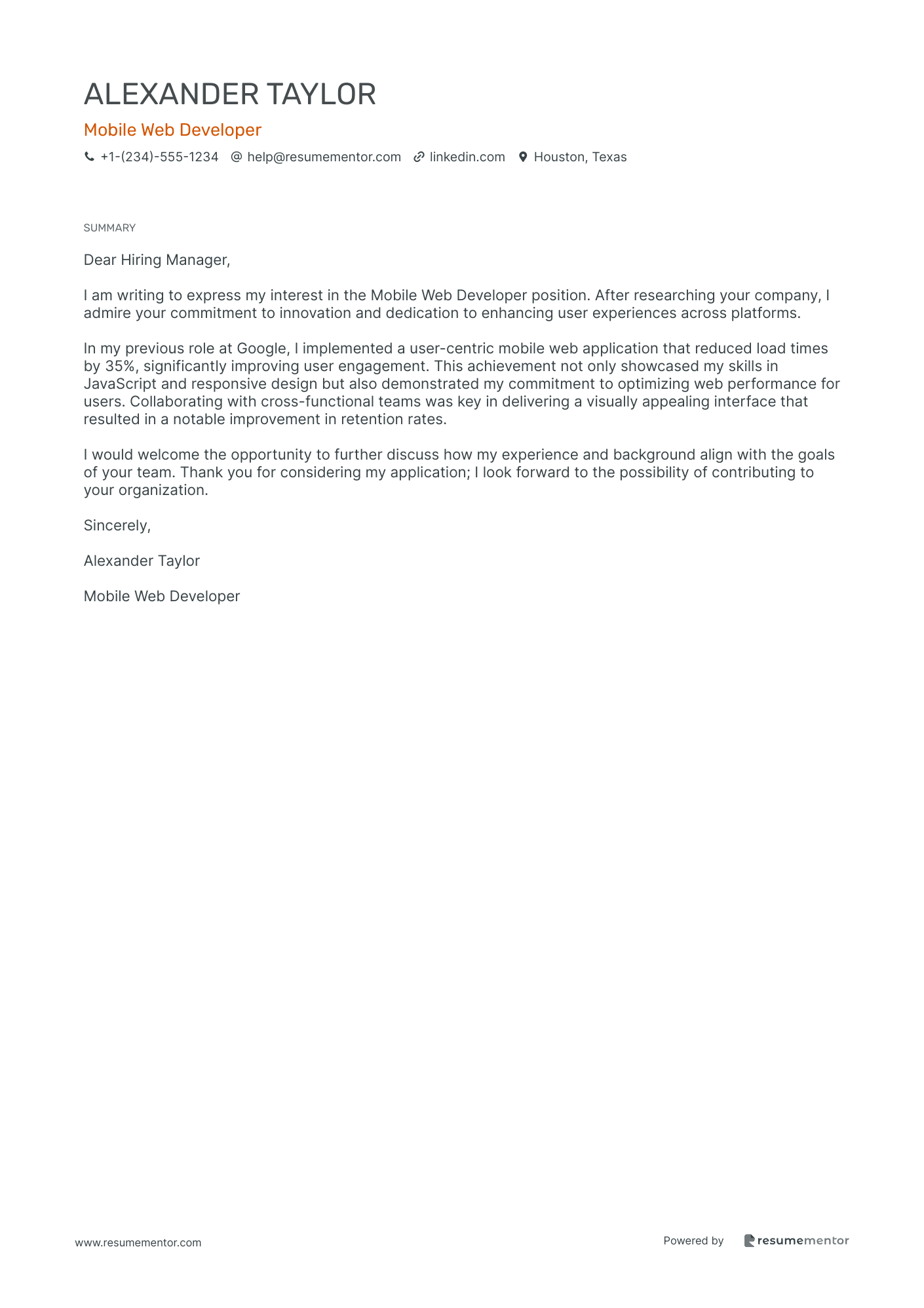 Mobile Developer Cover Letter Examples by ResumeMentor.com ...