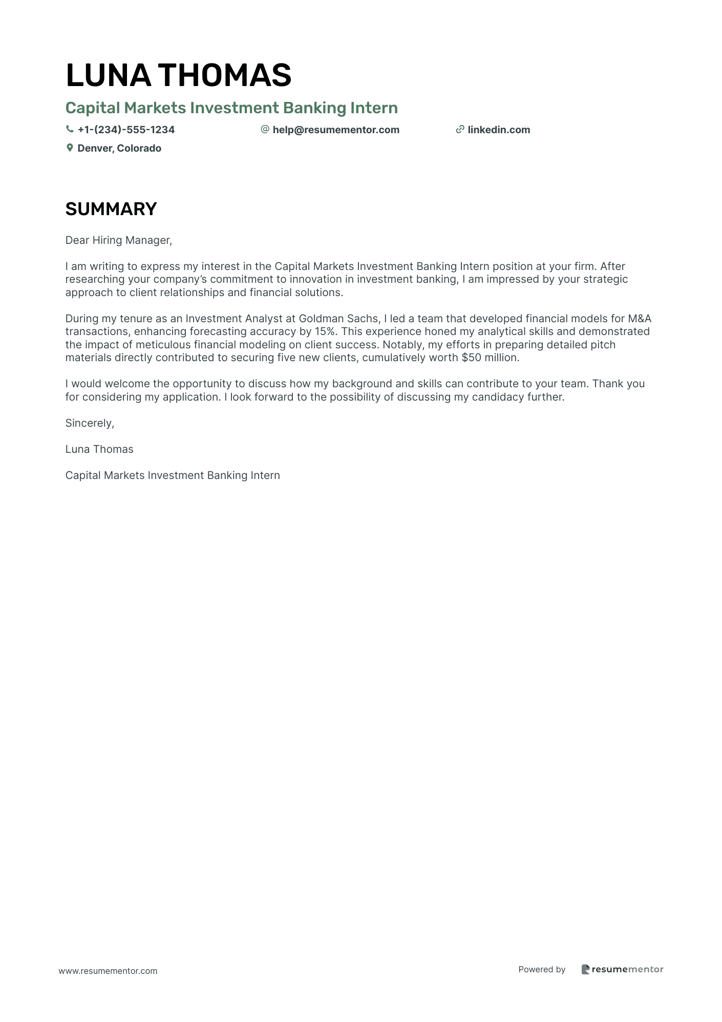 Investment Banking Intern Cover Letter Examples by ResumeMentor.com ...