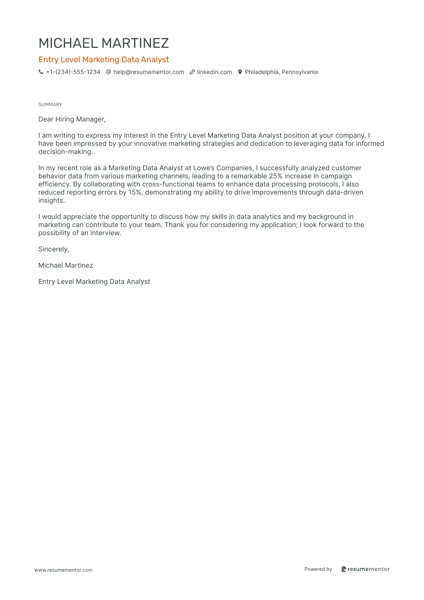 Entry-Level Data Analyst Cover Letter Examples by ResumeMentor.com ...