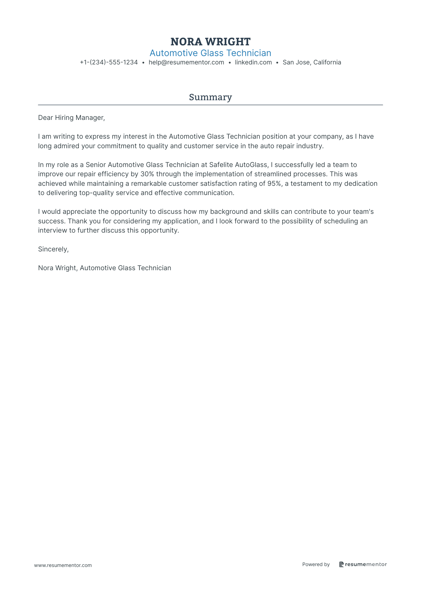 Glazier Cover Letter Examples by ResumeMentor.com - Professional Cover ...
