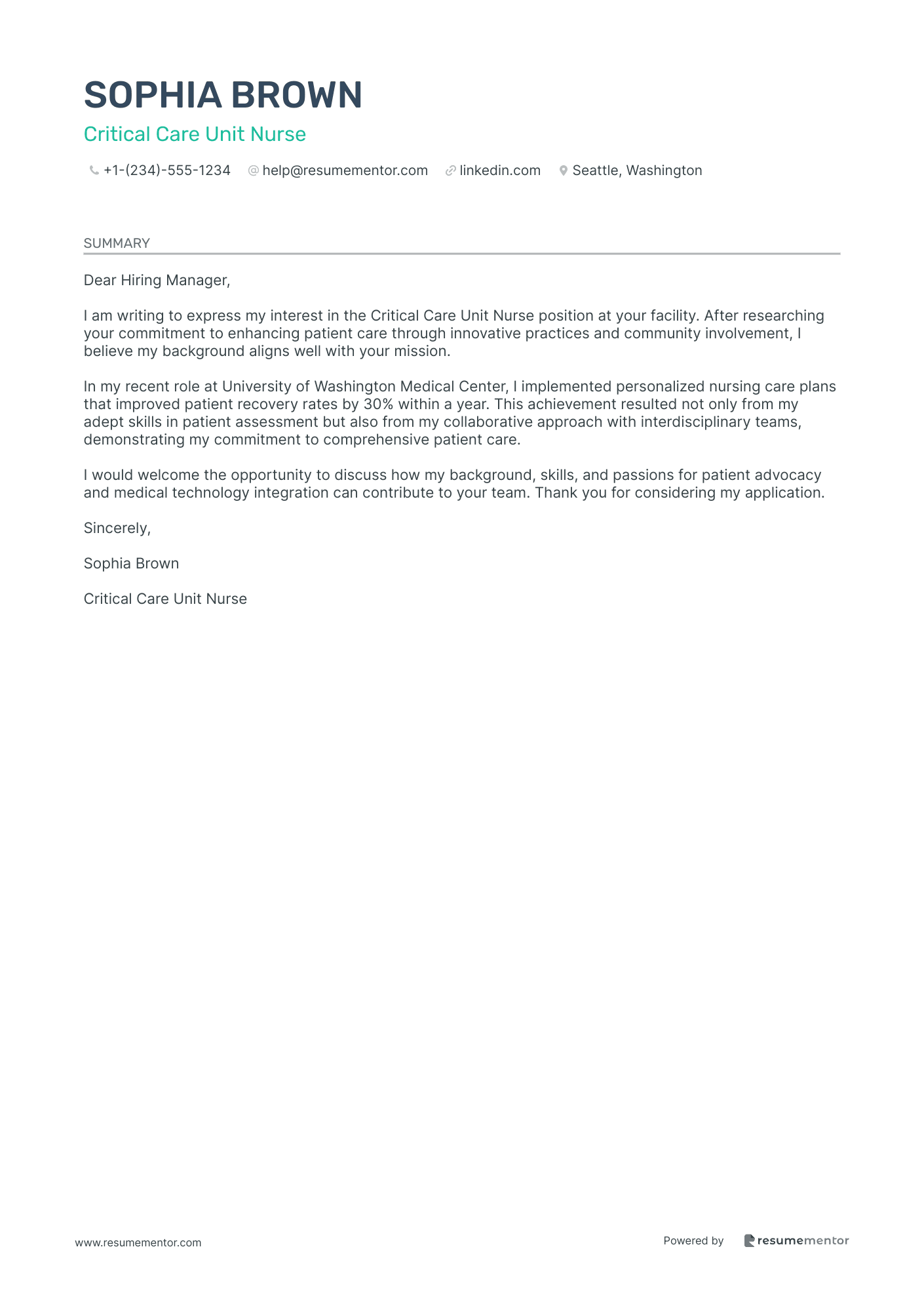 ICU Nurse Cover Letter Examples by ResumeMentor.com - Professional ...