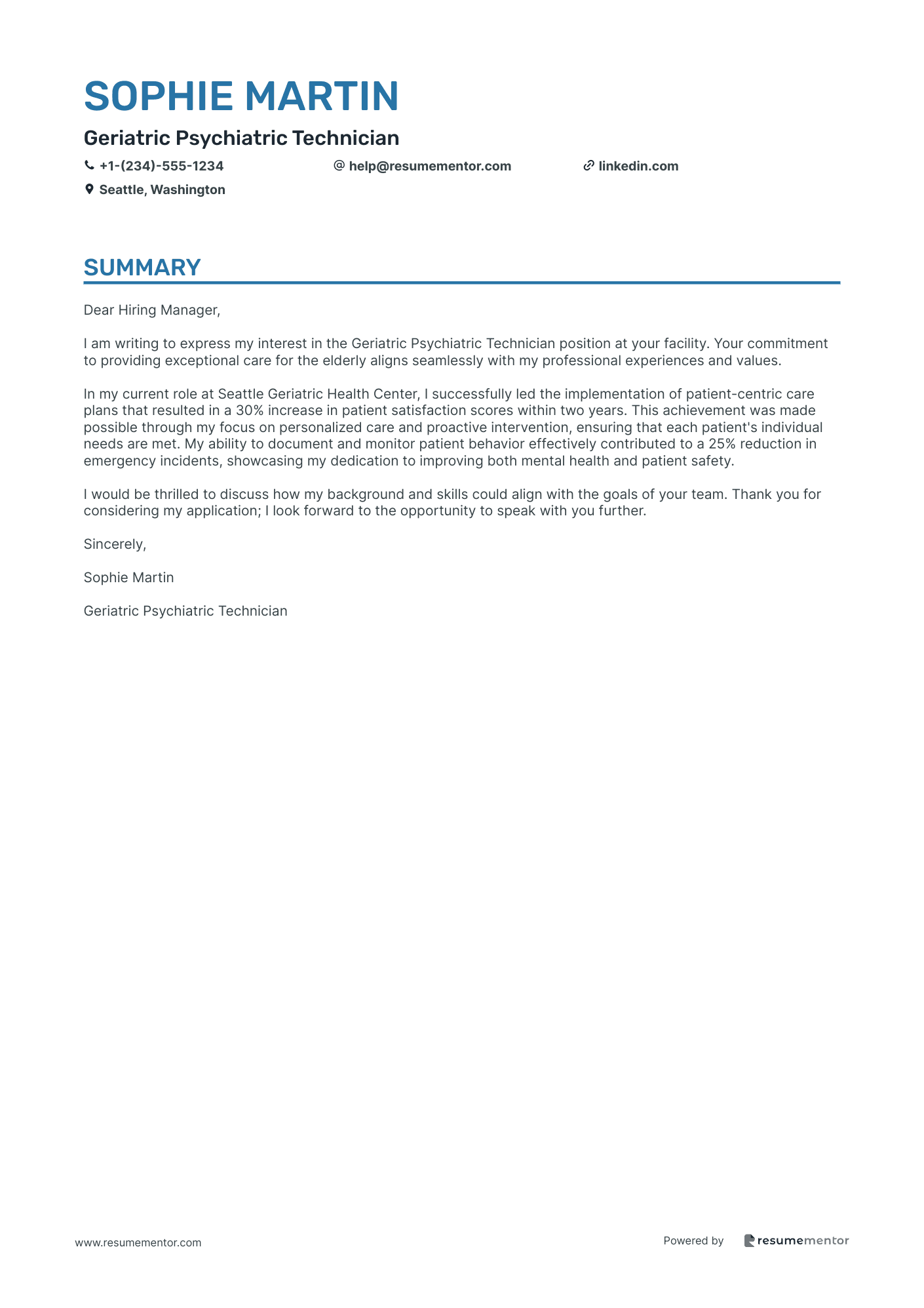 Psychiatric Technician Cover Letter Examples by ResumeMentor.com ...