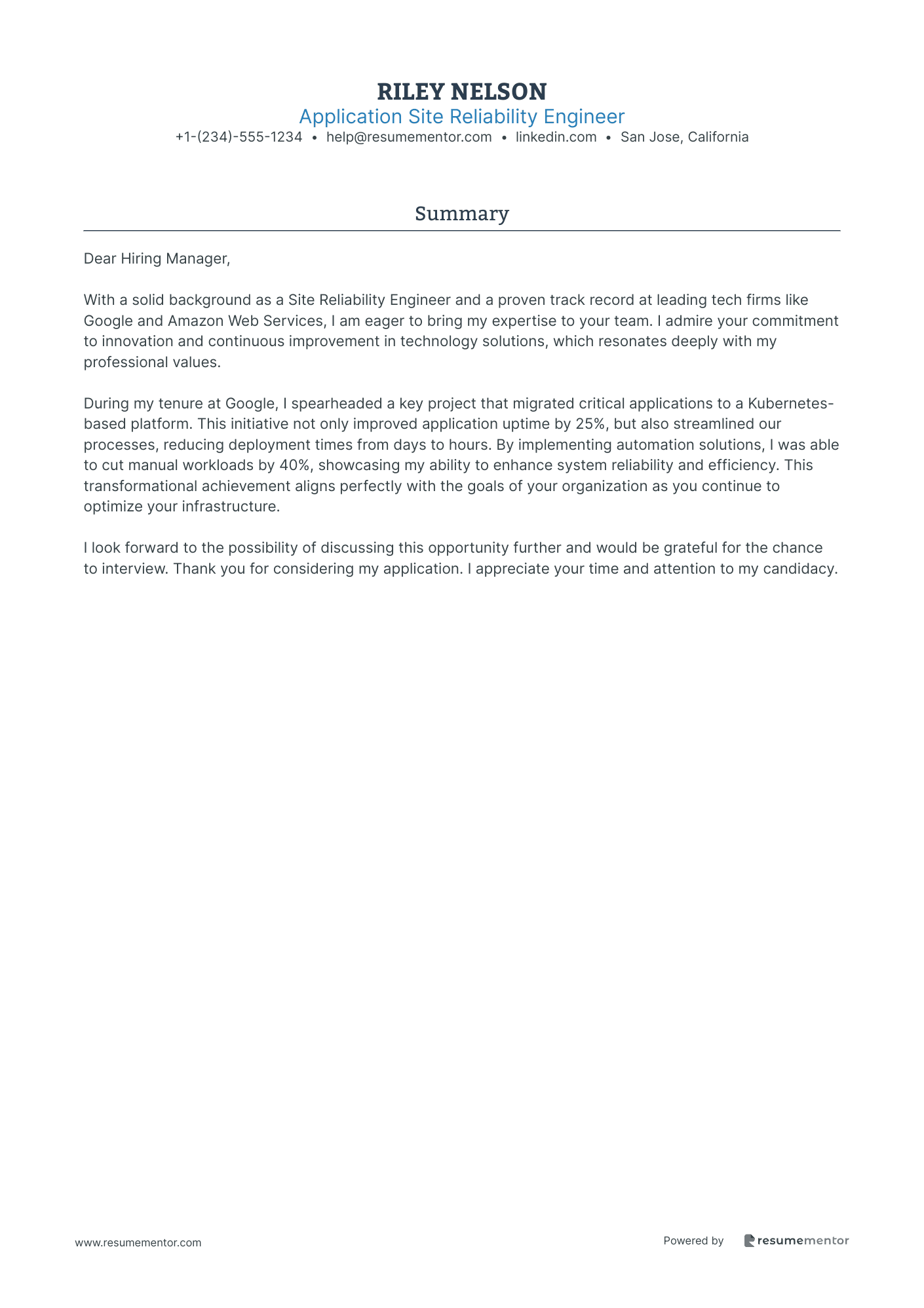 Site Reliability Engineer Cover Letter Examples by ResumeMentor.com ...