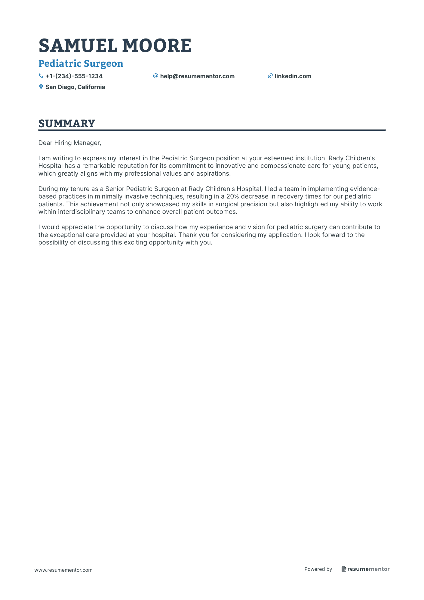 Surgeon Cover Letter Examples by ResumeMentor.com - Professional Cover ...