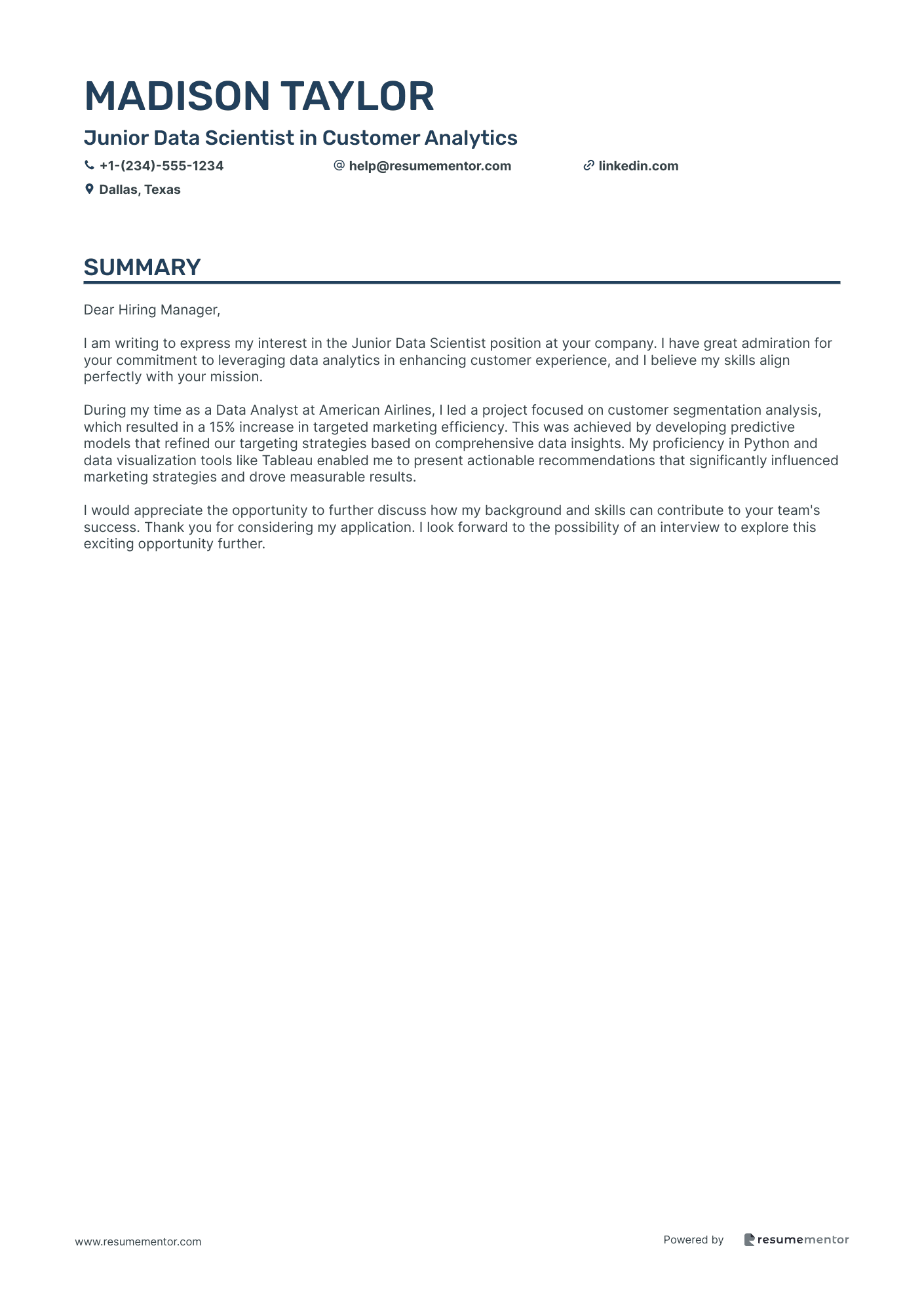 Entry-Level Data Scientist Cover Letter Examples by ResumeMentor.com ...