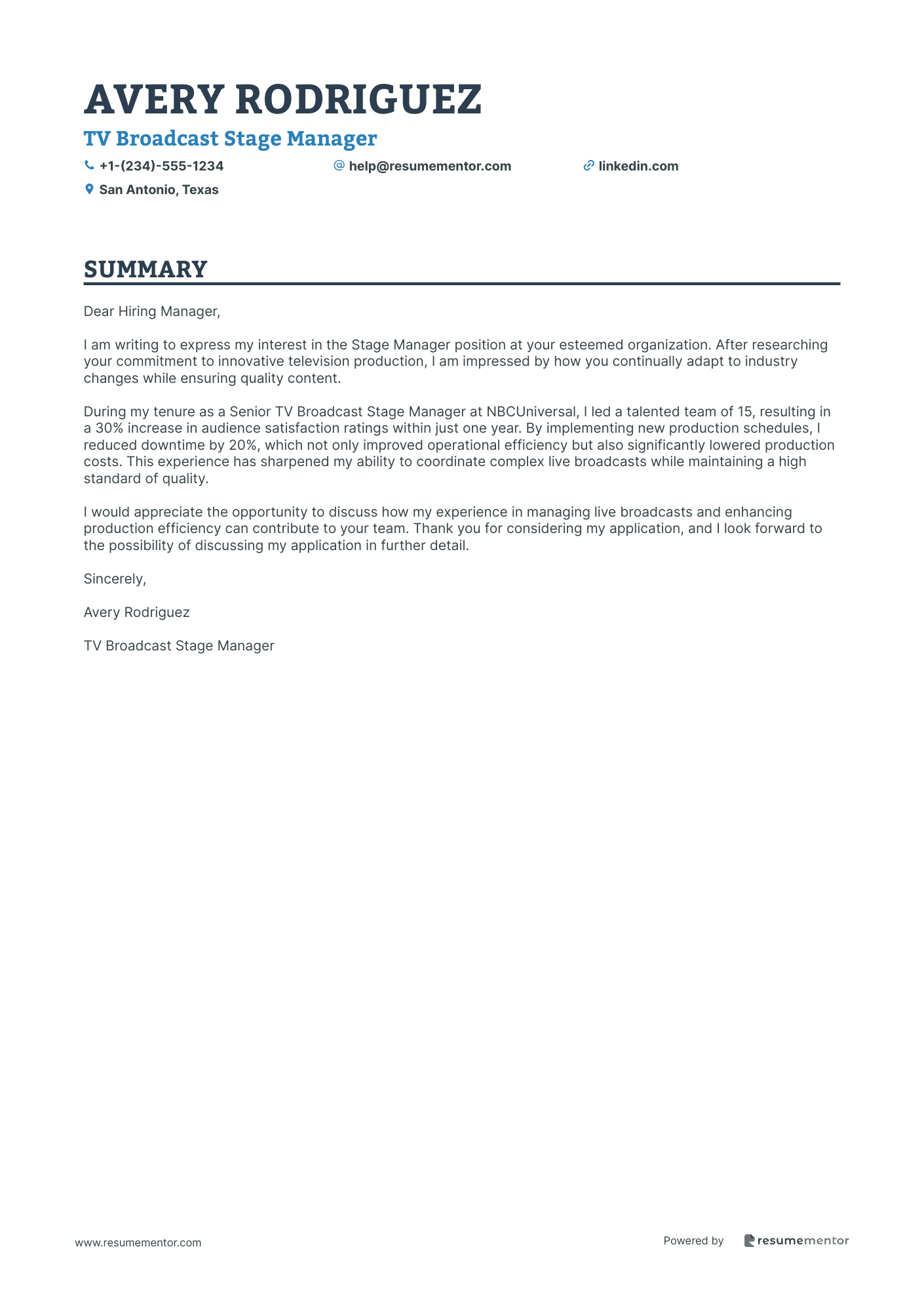 Stage Manager Cover Letter Examples by ResumeMentor.com - Professional ...