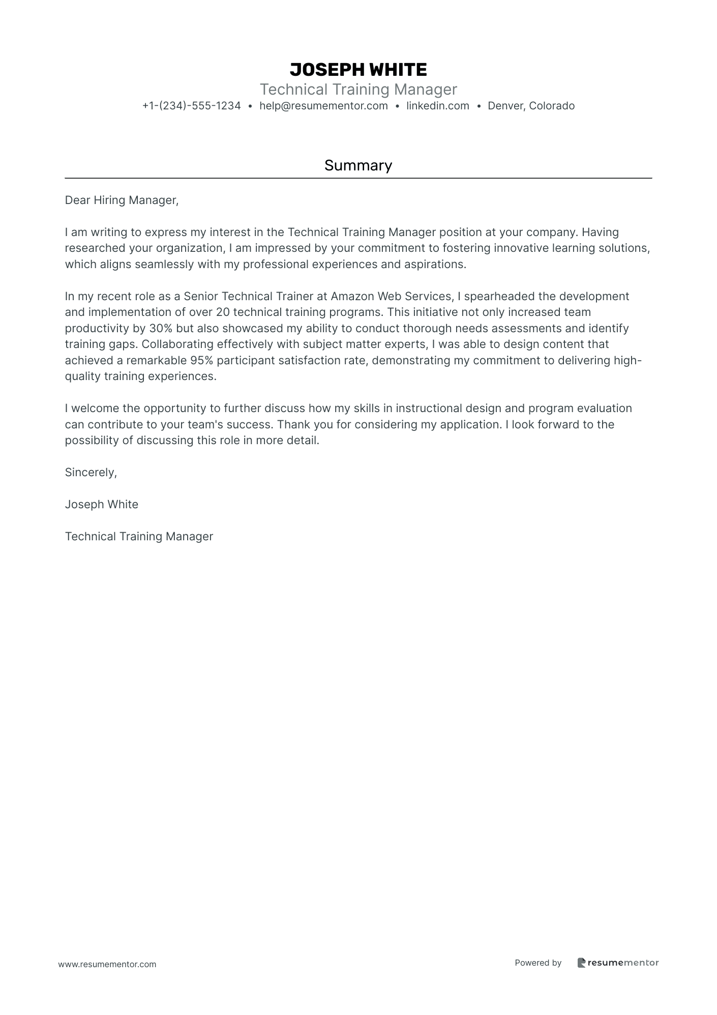 Training Manager Cover Letter Examples by ResumeMentor.com ...
