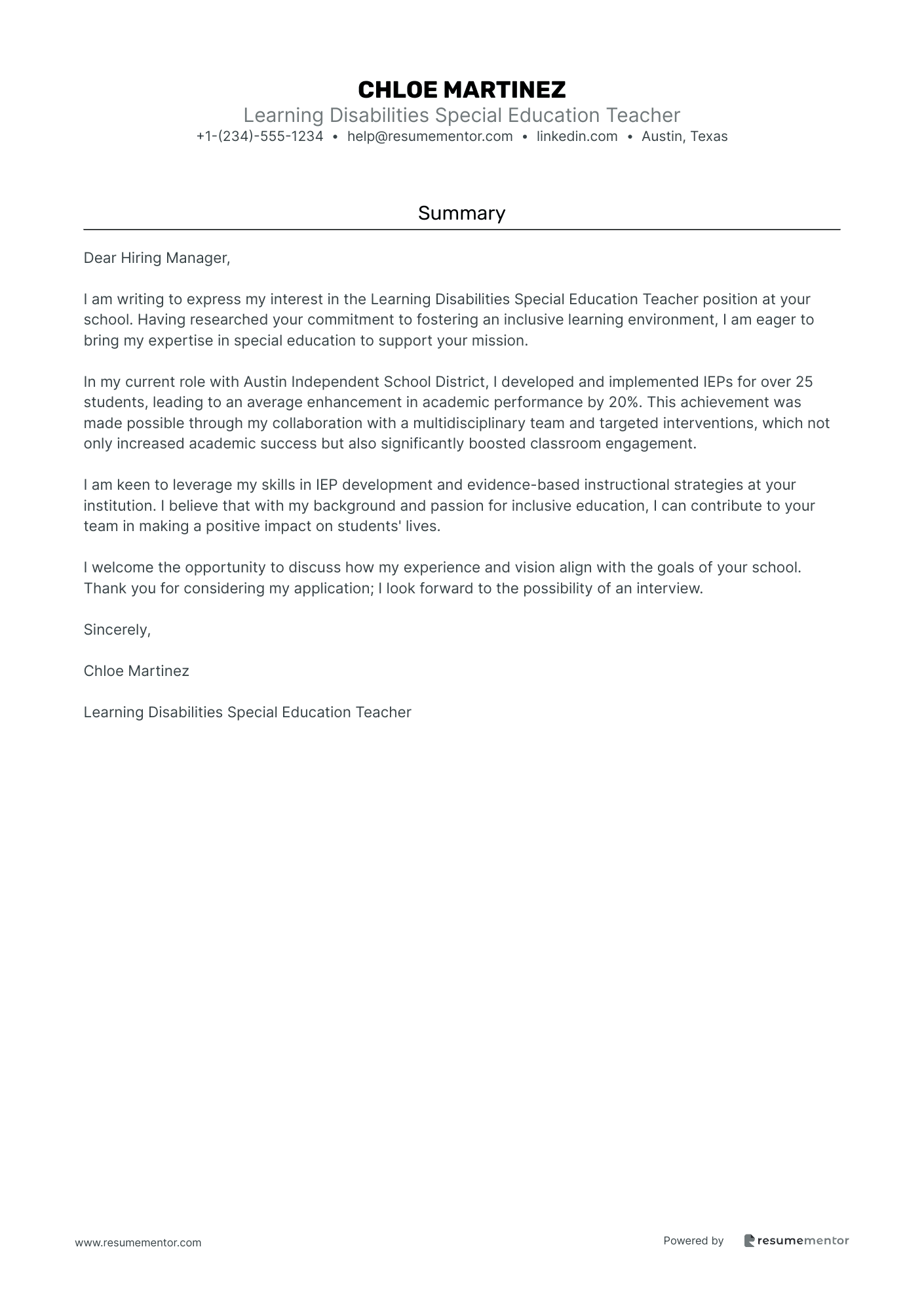 Special Education Teacher Cover Letter Examples by ResumeMentor.com ...