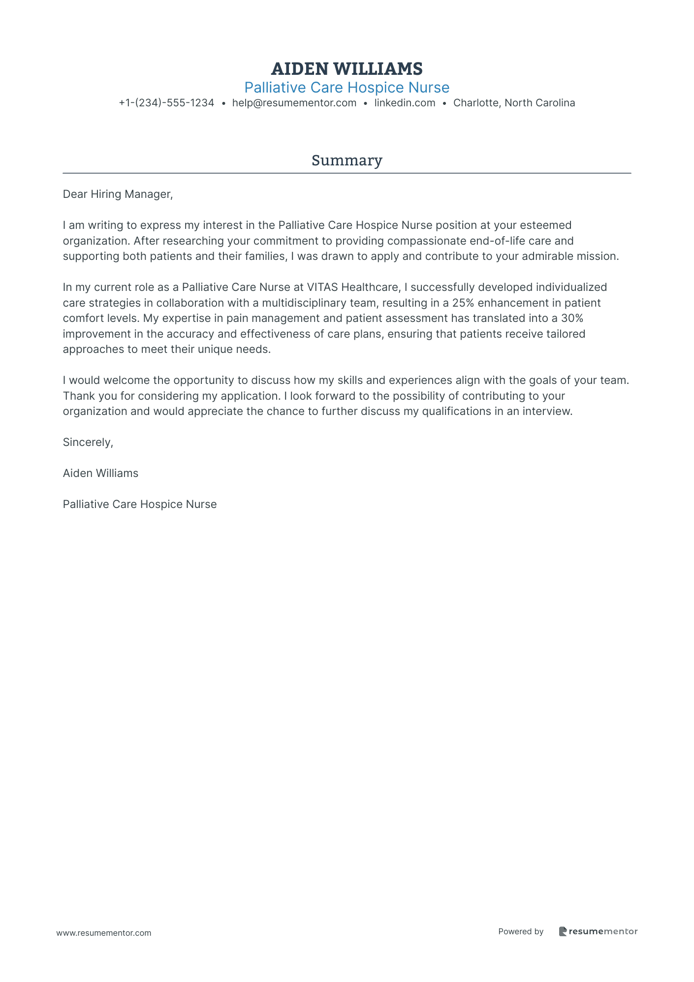 Hospice Nurse Cover Letter Examples by ResumeMentor.com - Professional ...