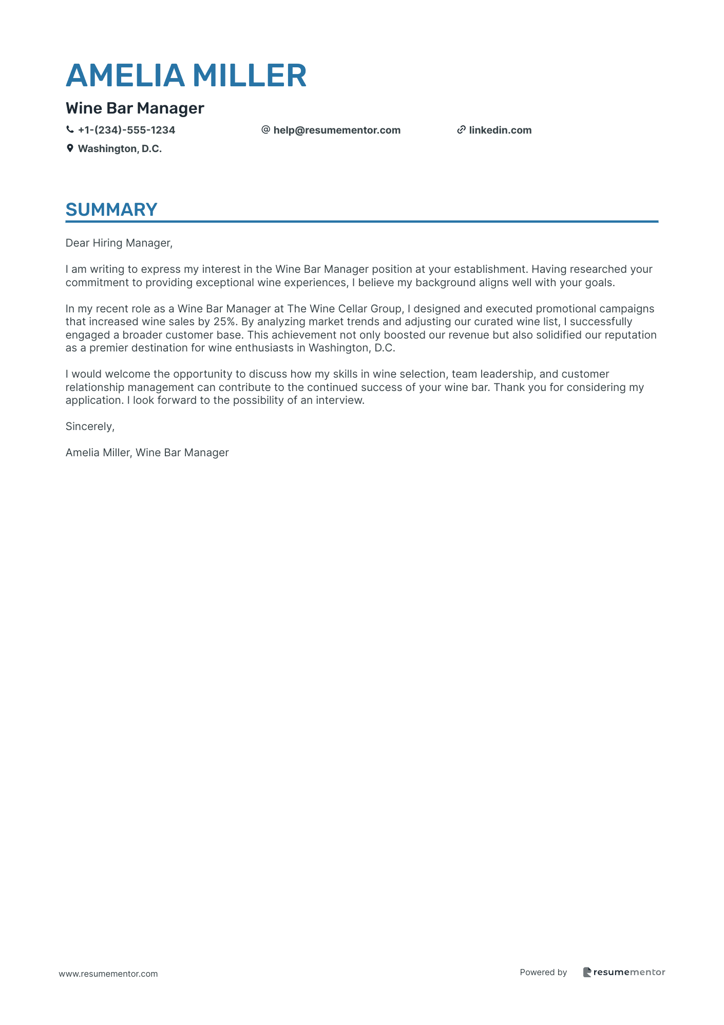 Bar Manager Cover Letter Examples by ResumeMentor.com - Professional ...