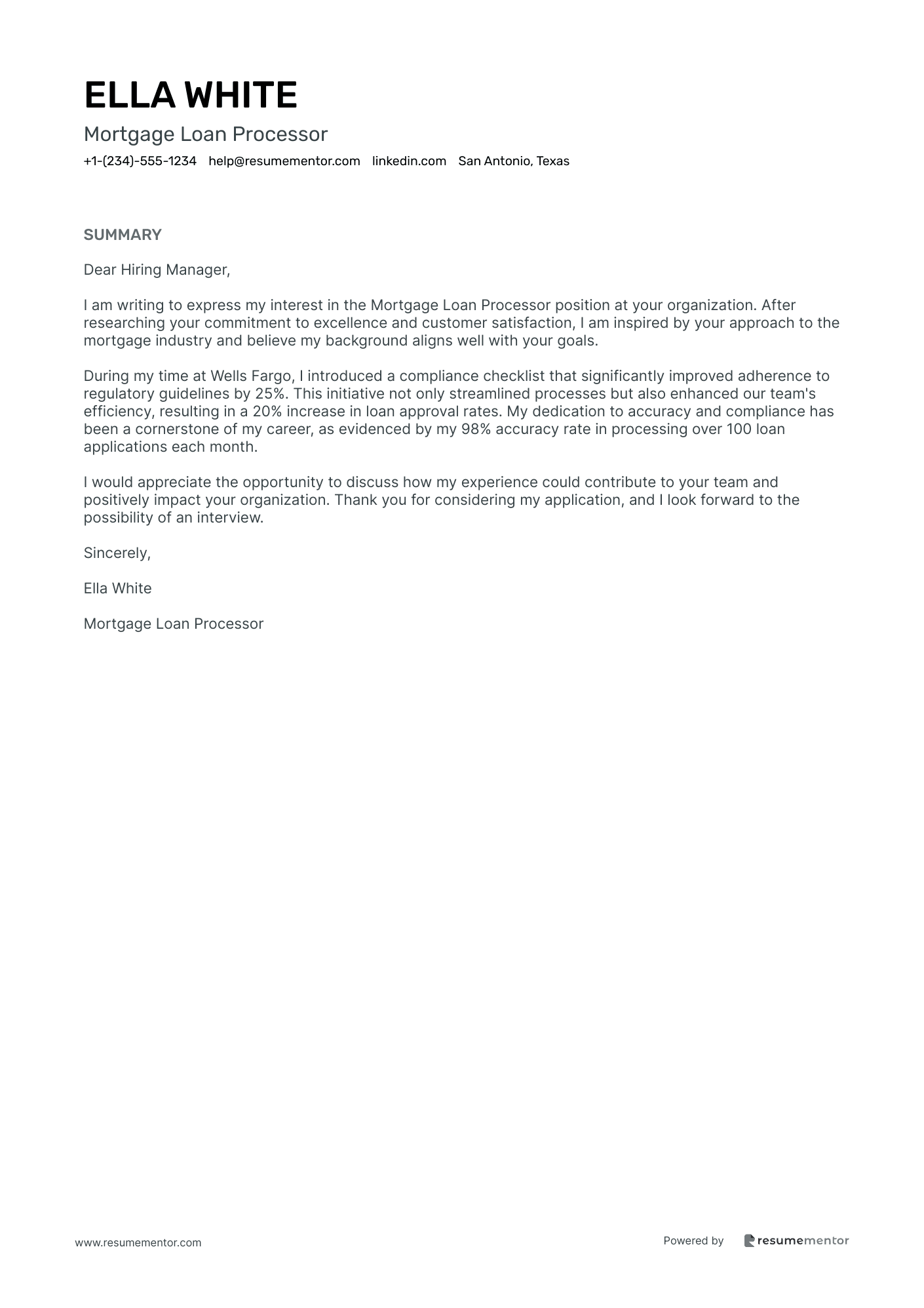 Loan Processor Cover Letter Examples by ResumeMentor.com - Professional ...