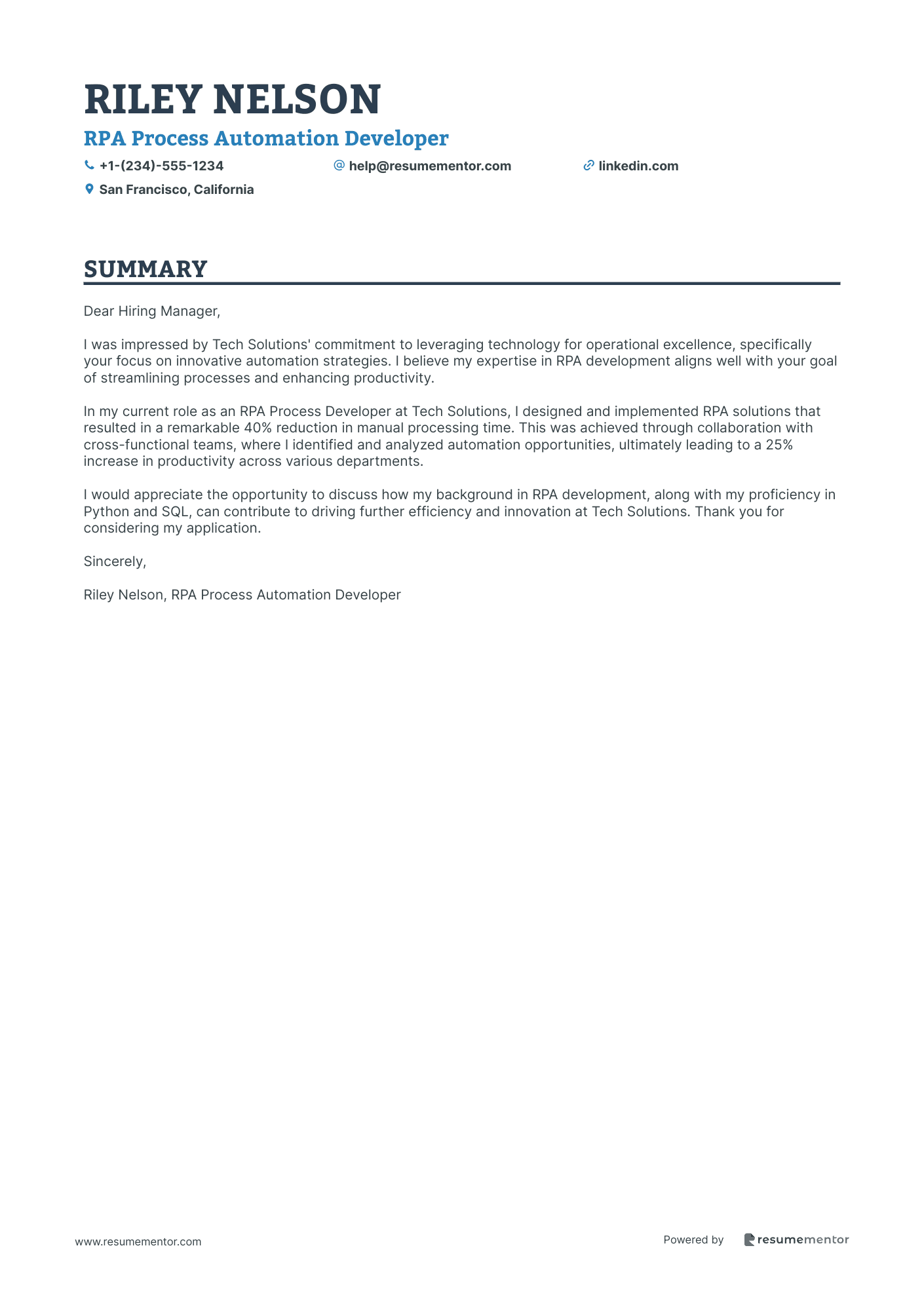 RPA Developer Cover Letter Examples by ResumeMentor.com - Professional ...