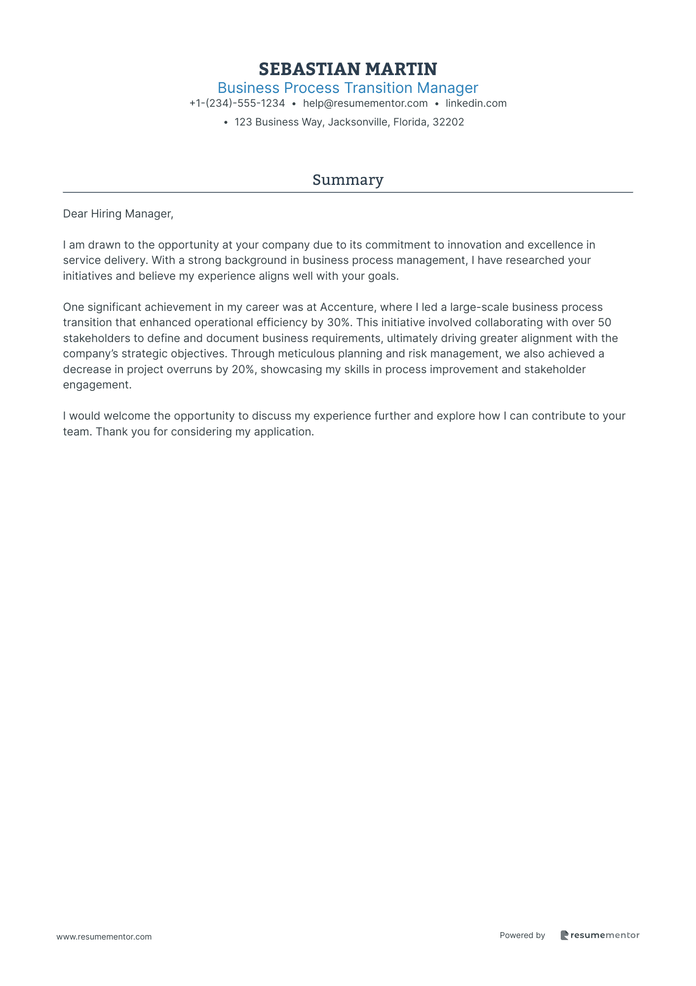 Transition Manager Cover Letter Examples by ResumeMentor.com ...
