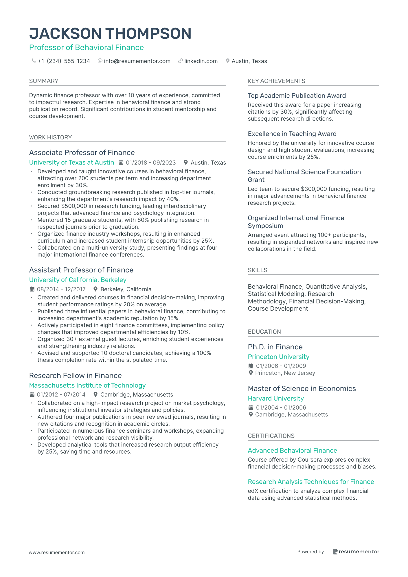 Professor of Finance Resume Example - Free to Edit ATS-Friendly PDF - 2025