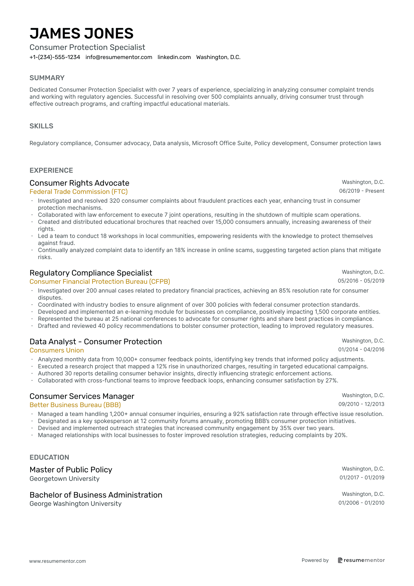 Consumer Affairs Specialist Resume Examples - Free to Edit ATS-Friendly ...