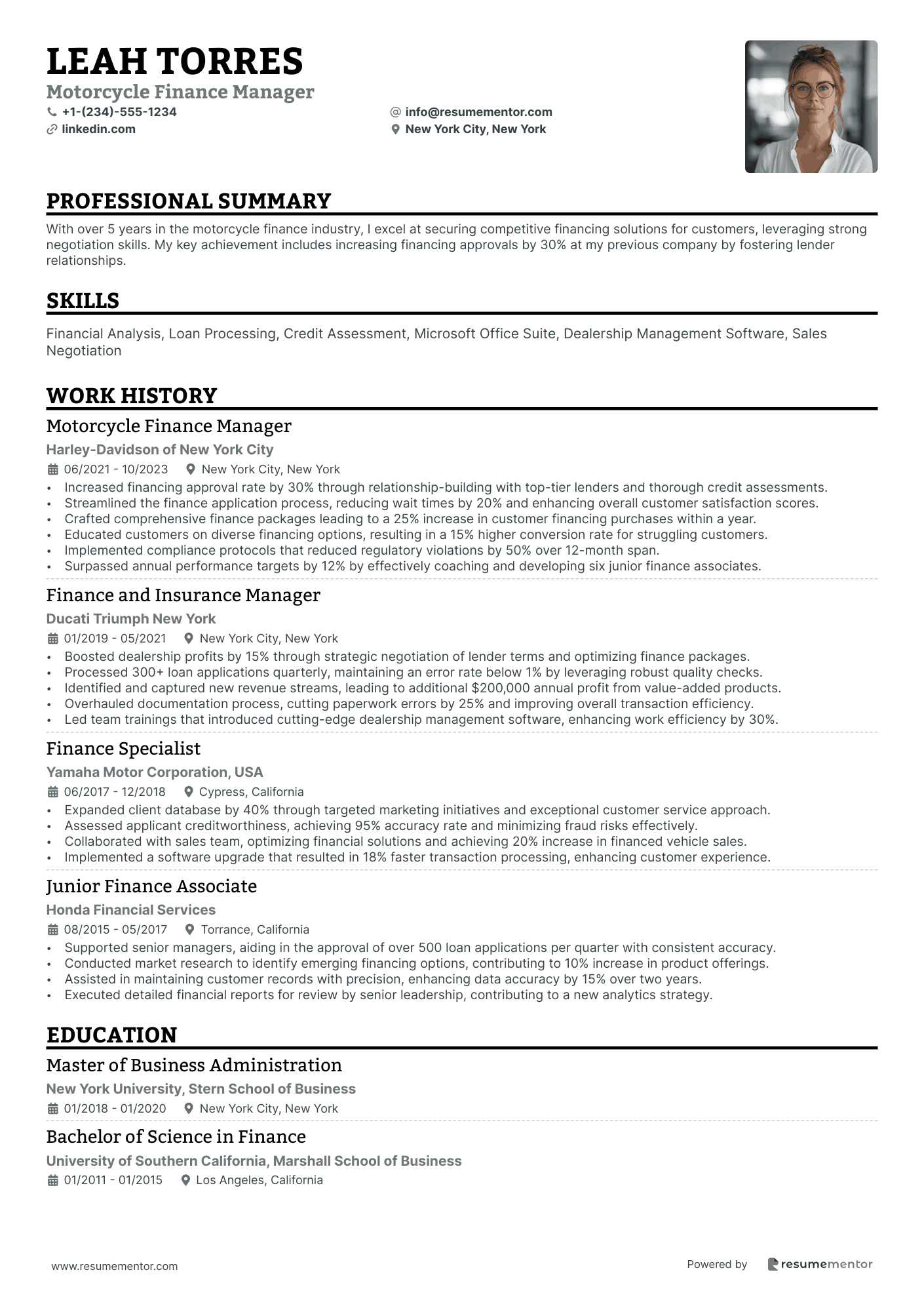 Automotive Finance Manager Resume Example - Free to Edit ATS-Friendly ...