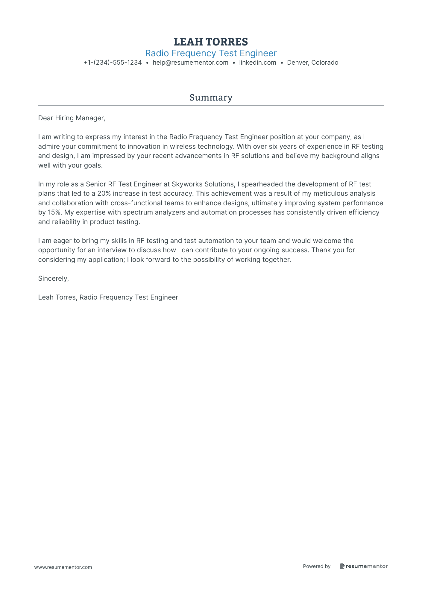 Test Engineer Cover Letter Examples by ResumeMentor.com - Professional ...