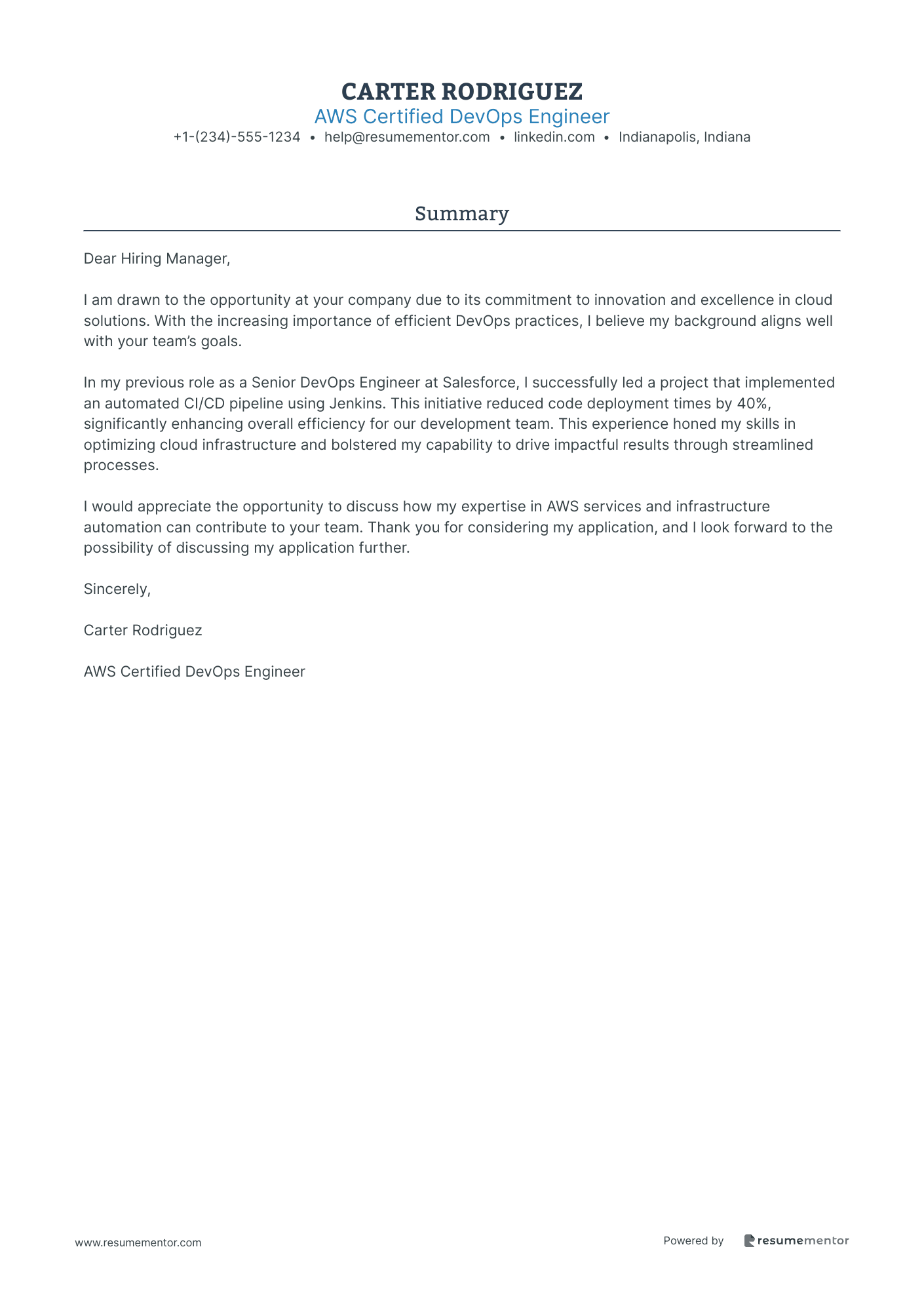 AWS Cloud Cover Letter Examples by ResumeMentor.com - Professional ...